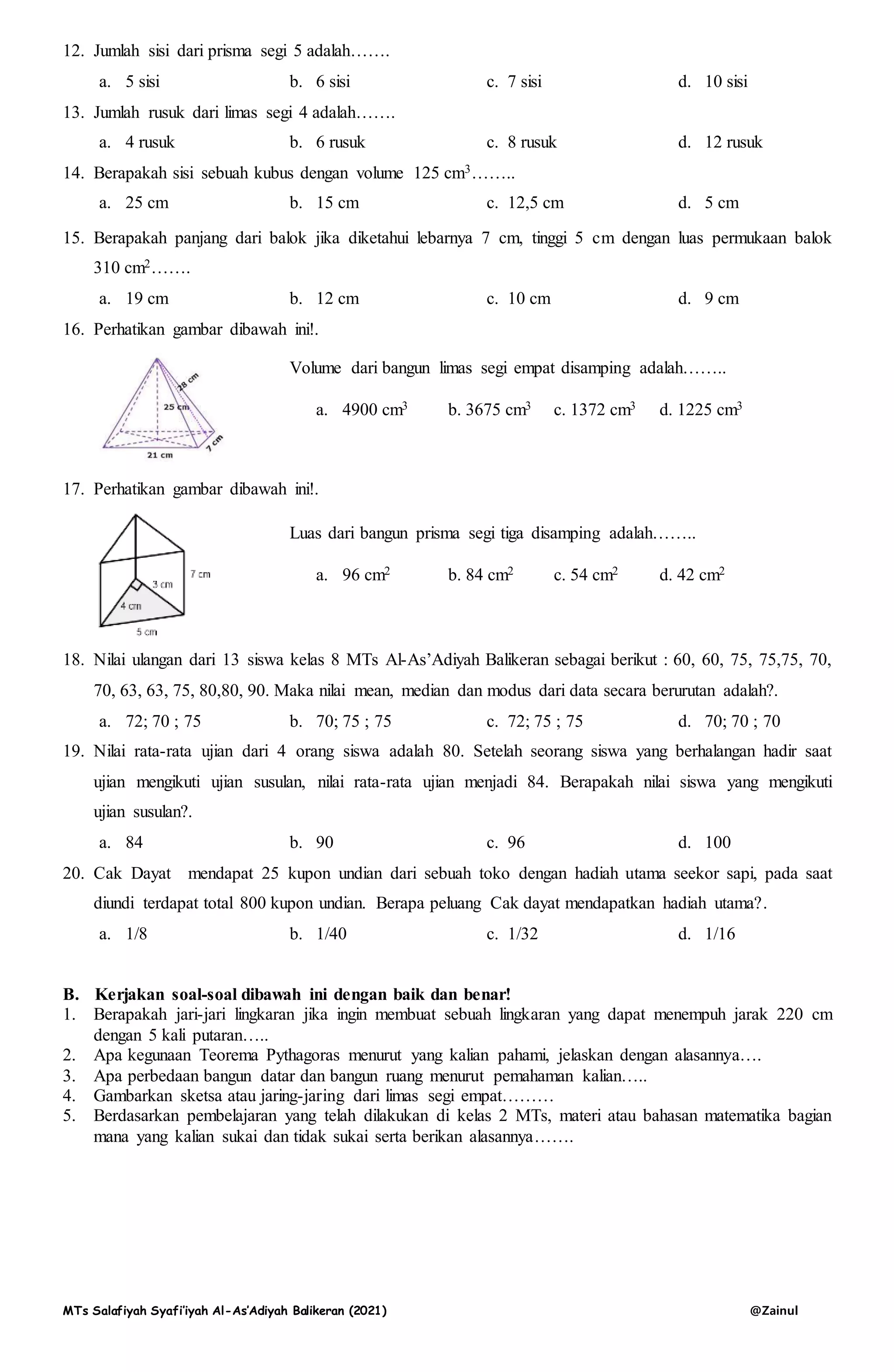 Soal Ujian Matematika Kls 8 MTS Salafiyah Syafi'iyah Al-As'Adiyah Balikeran 2021 | DOC