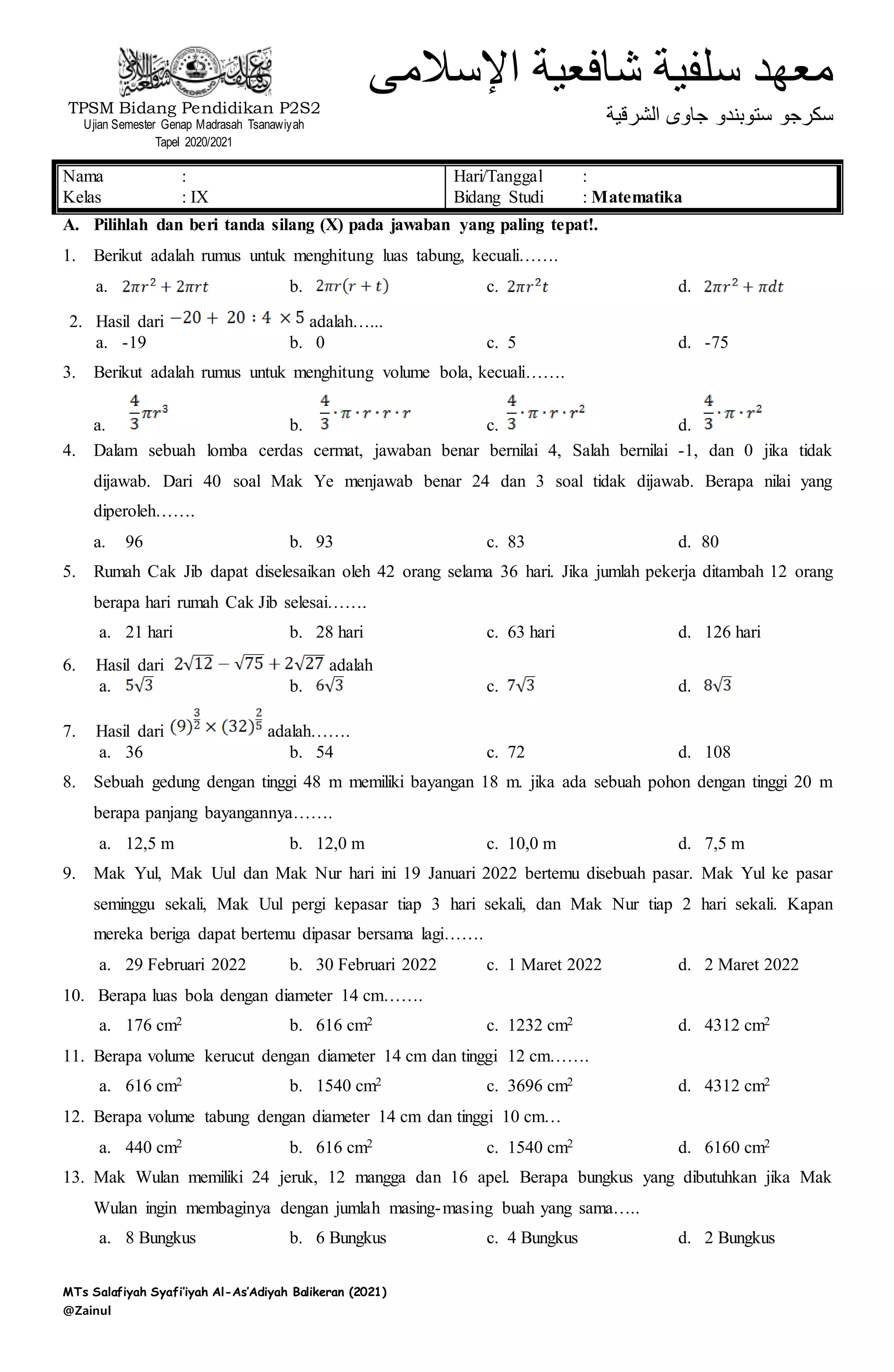 Soal Ujian Matematika Kls 9 MTS Salafiyah Syafi'iyah Al-As'Adiyah Balikeran 2021 | PDF