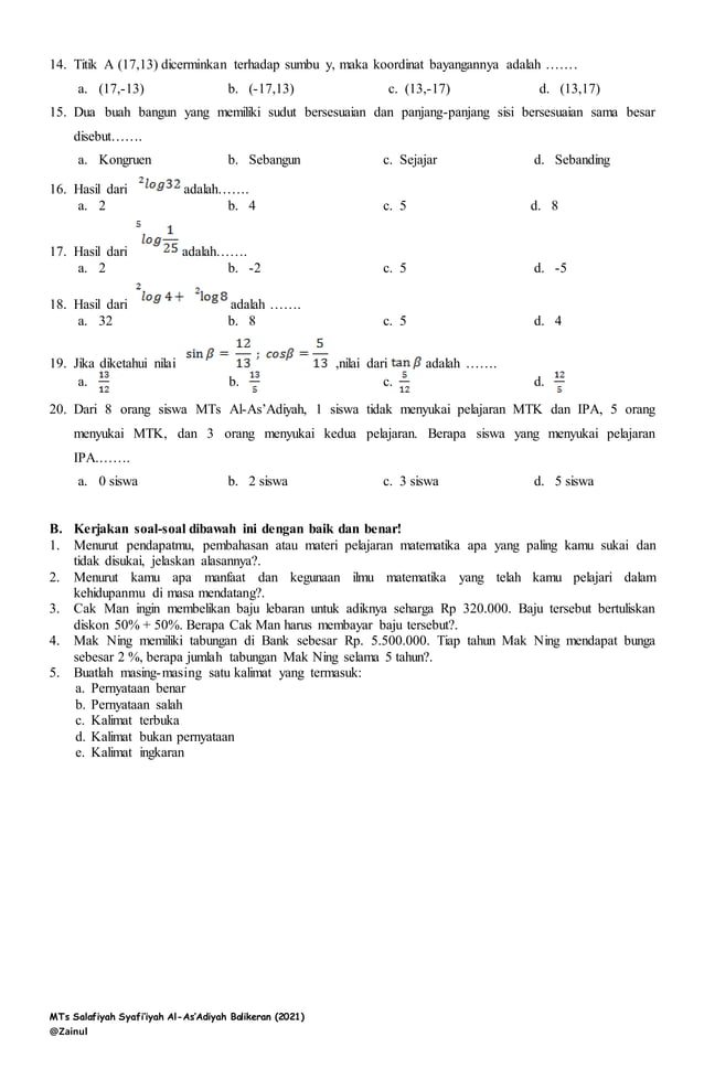 Soal Ujian Matematika Kls 9 MTS Salafiyah Syafi'iyah Al-As'Adiyah Balikeran 2021 | PDF
