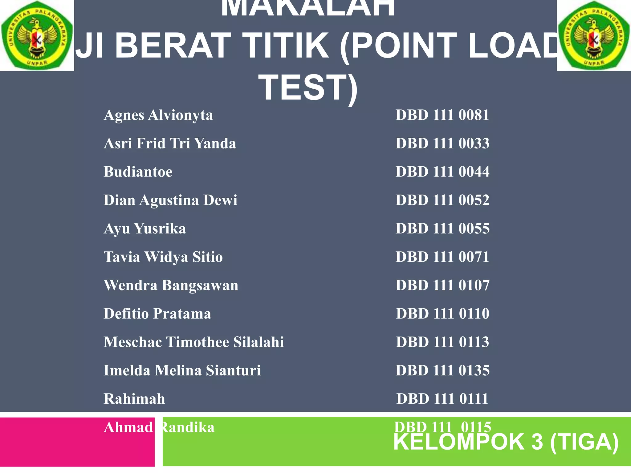Uji berat titik (point load test) UNPAR | PPTX