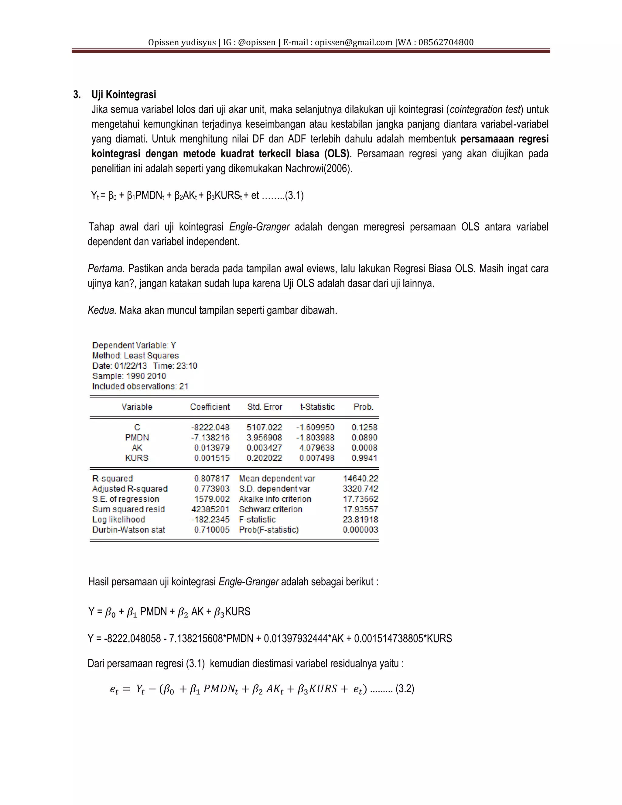 Uji error correction model (ecm) dengan eviews | PDF
