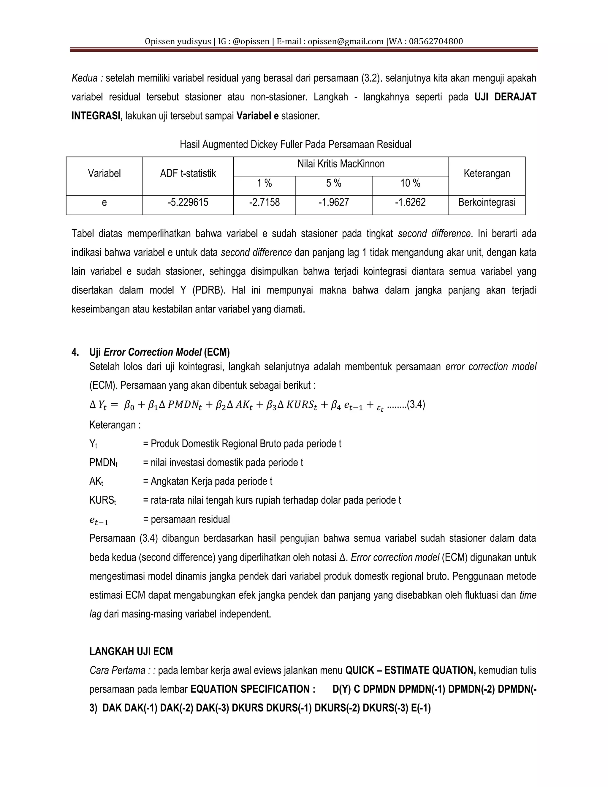 Uji error correction model (ecm) dengan eviews | PDF