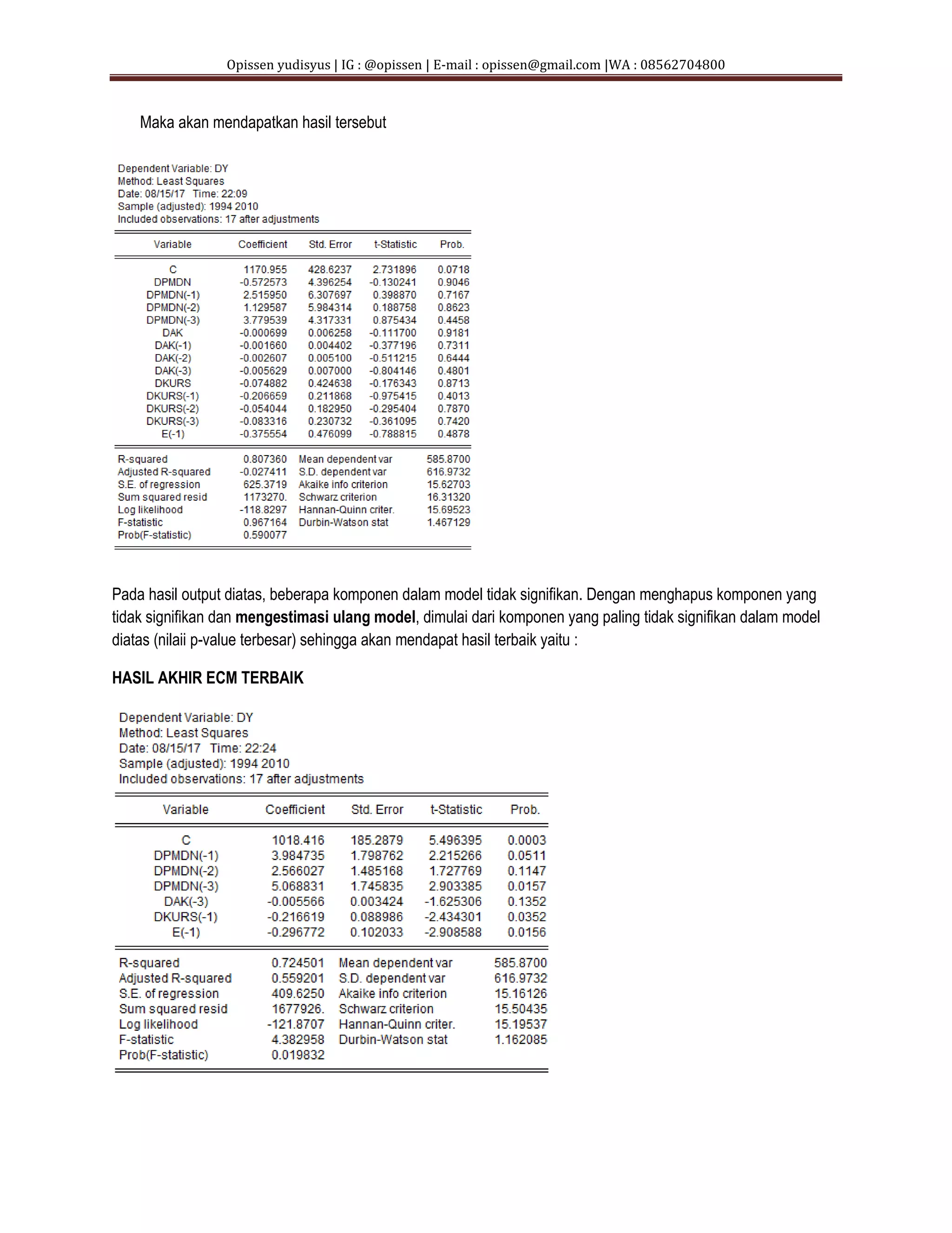 Uji error correction model (ecm) dengan eviews | PDF