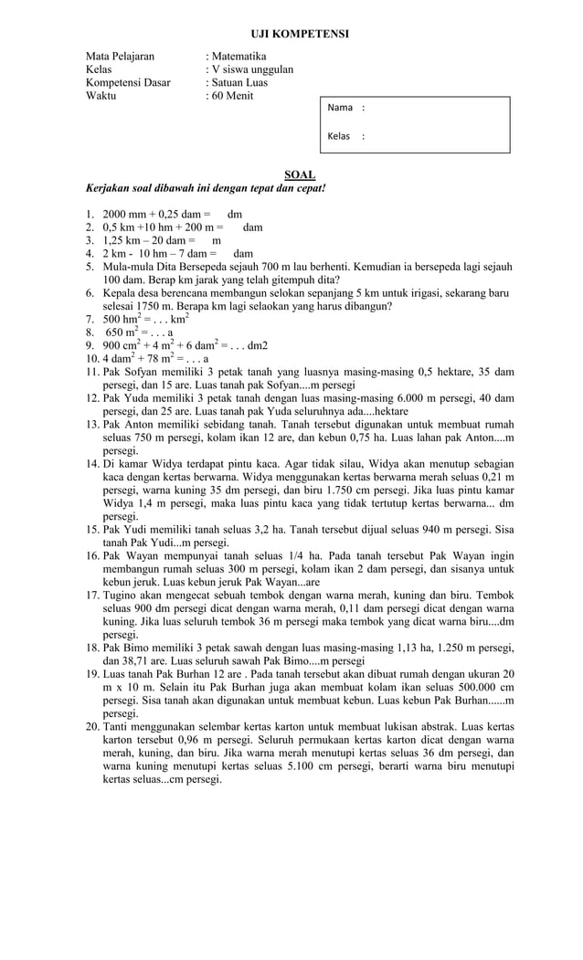 Uji kompetensi satuan luas | PDF