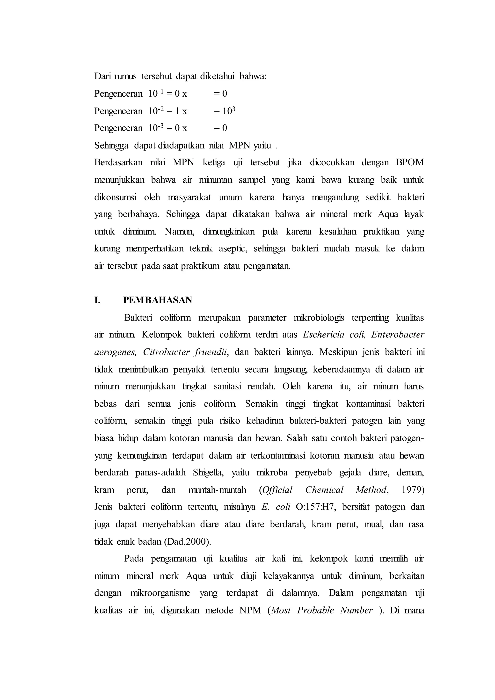 Uji kualitas air berdasar nilai mpn coliform | DOCX