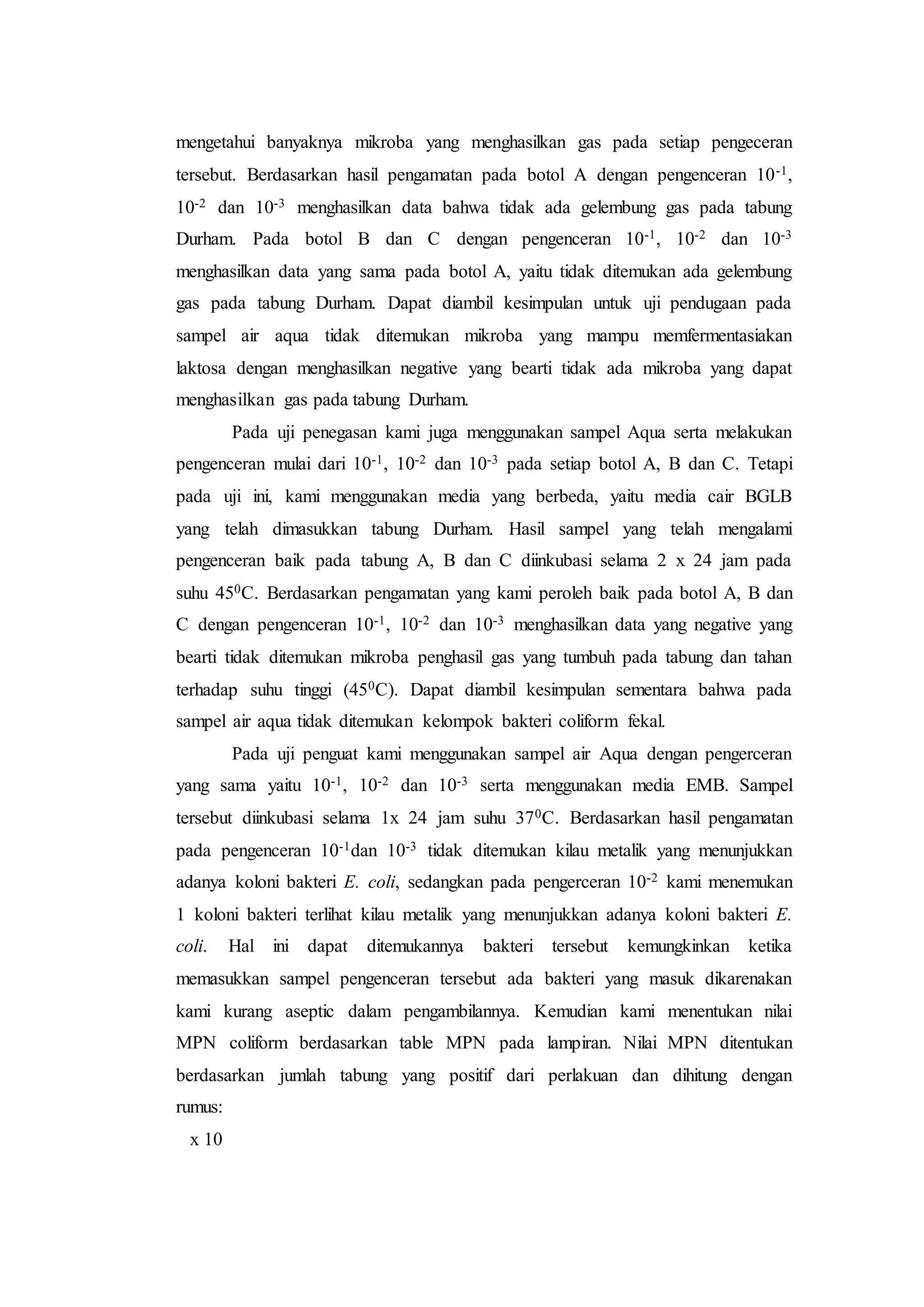 Uji kualitas air berdasar nilai mpn coliform | DOCX