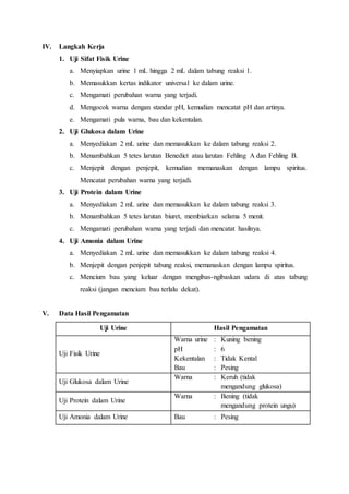 Uji sifat fisik urine dan kandungan zat dalam urine | DOCX