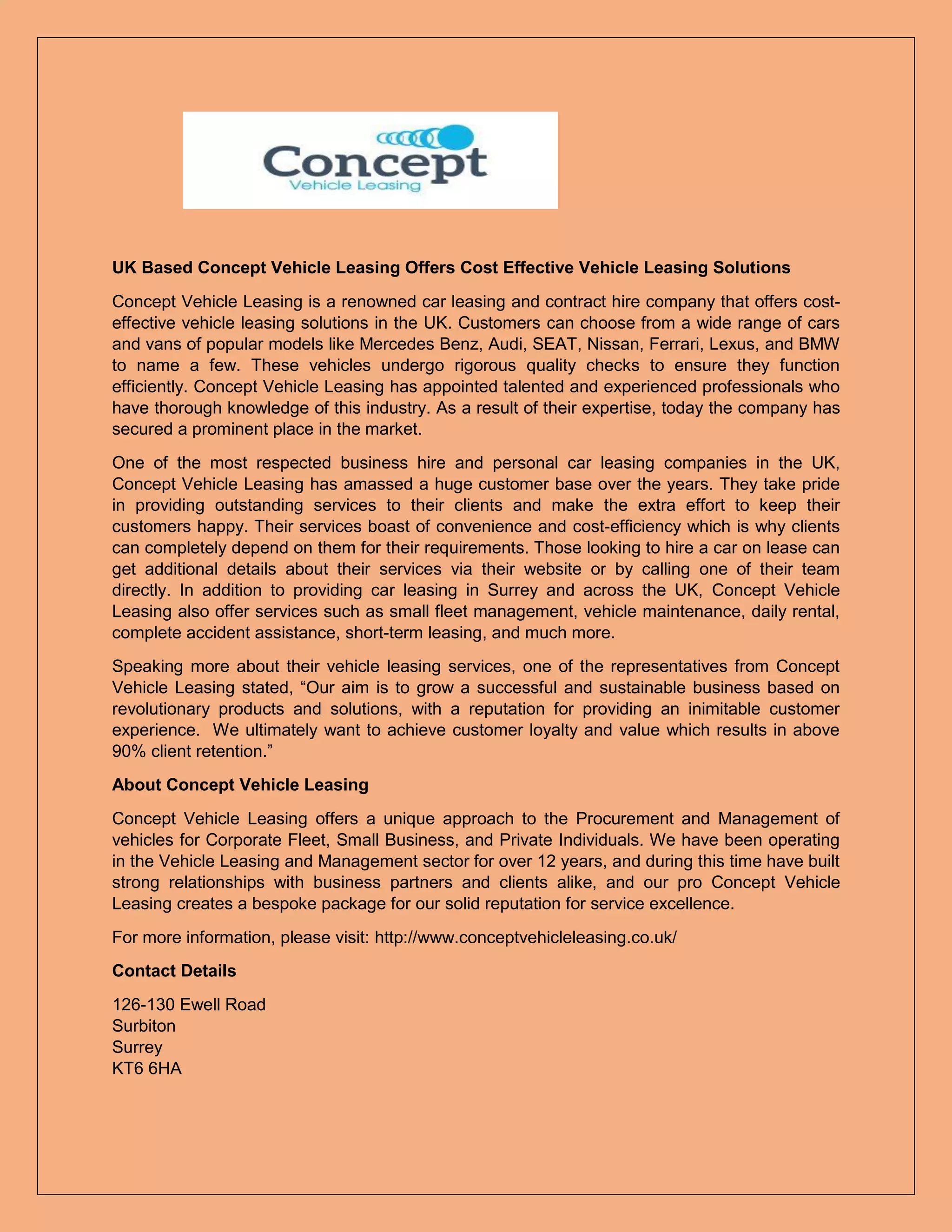 Uk based concept vehicle leasing offers cost effective vehicle leasing ...