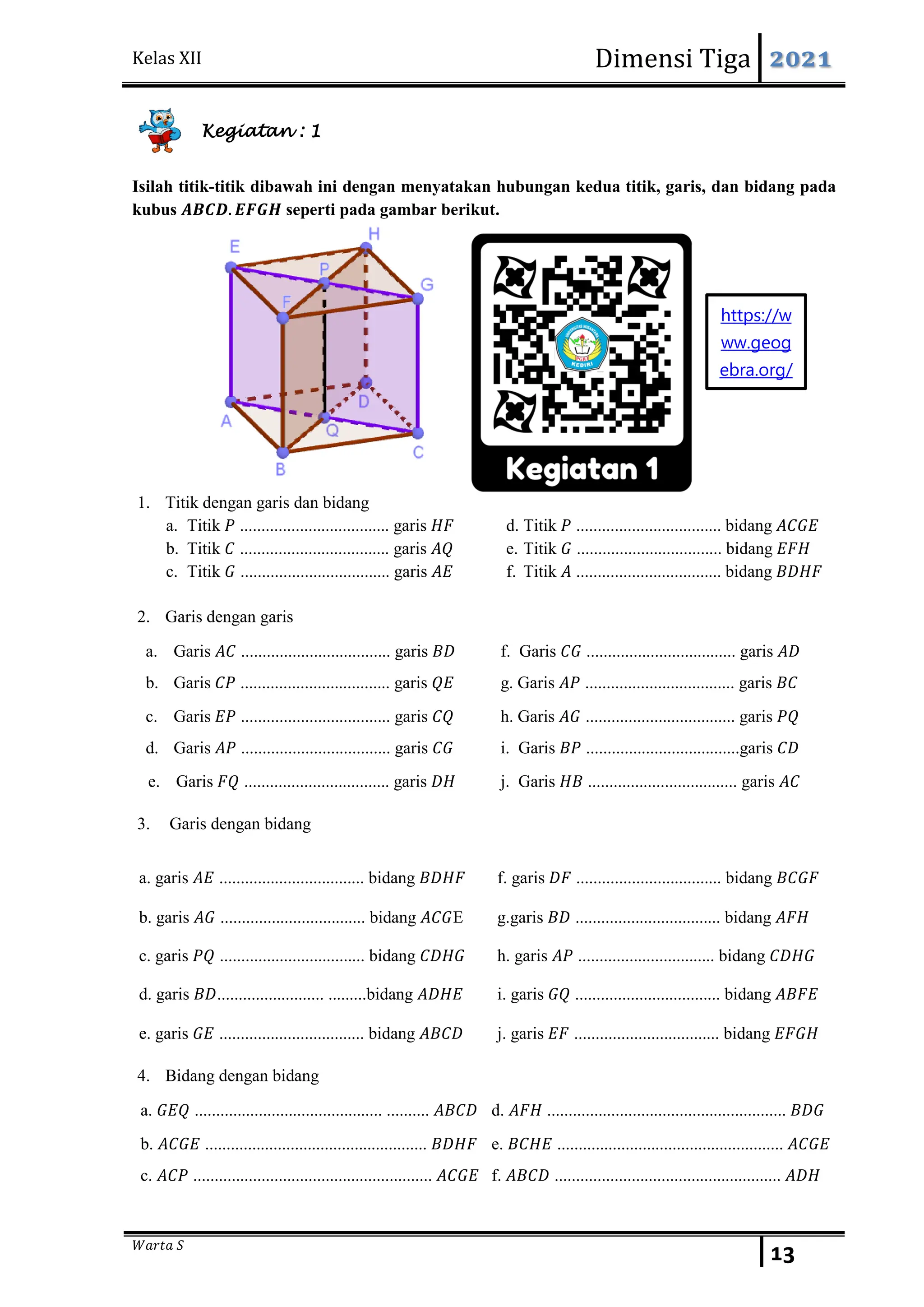 UKBM 1 Dimensi 3: Kedudukan Titik, Garis, dan Bidang. | PDF