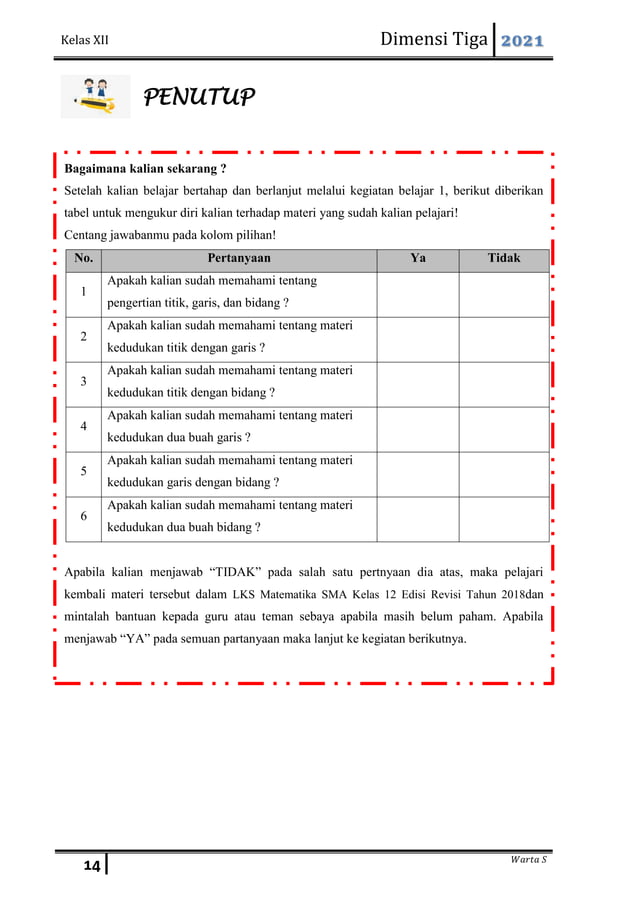 UKBM 1 Dimensi 3: Kedudukan Titik, Garis, dan Bidang. | PDF