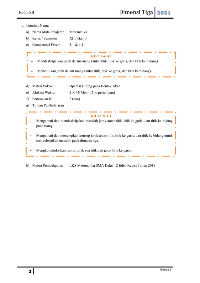 UKBM 1 Dimensi 3: Kedudukan Titik, Garis, dan Bidang. | PDF