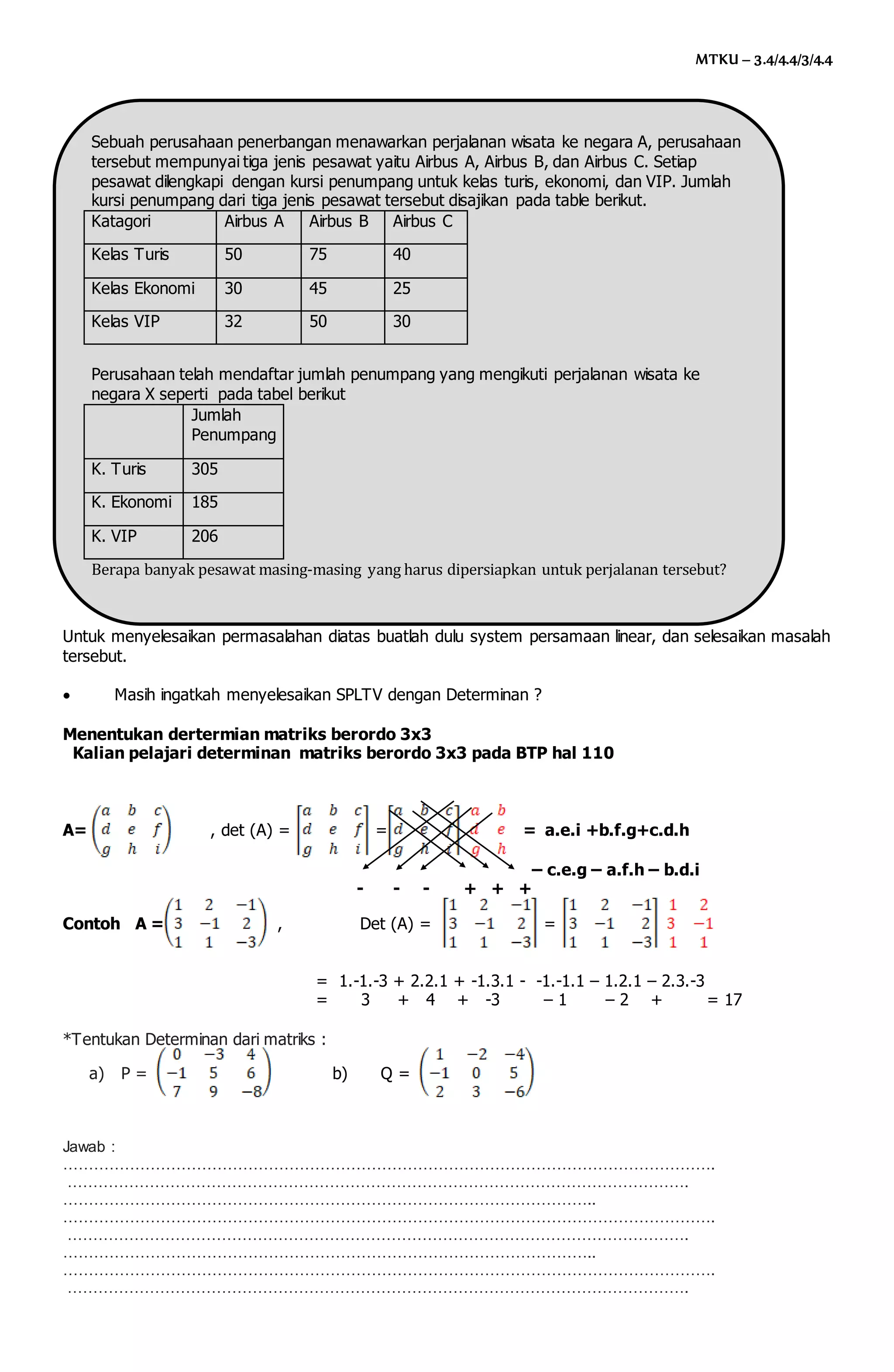 Ukbm kd 3.4 4.4 determinan dan invers matriks | DOC