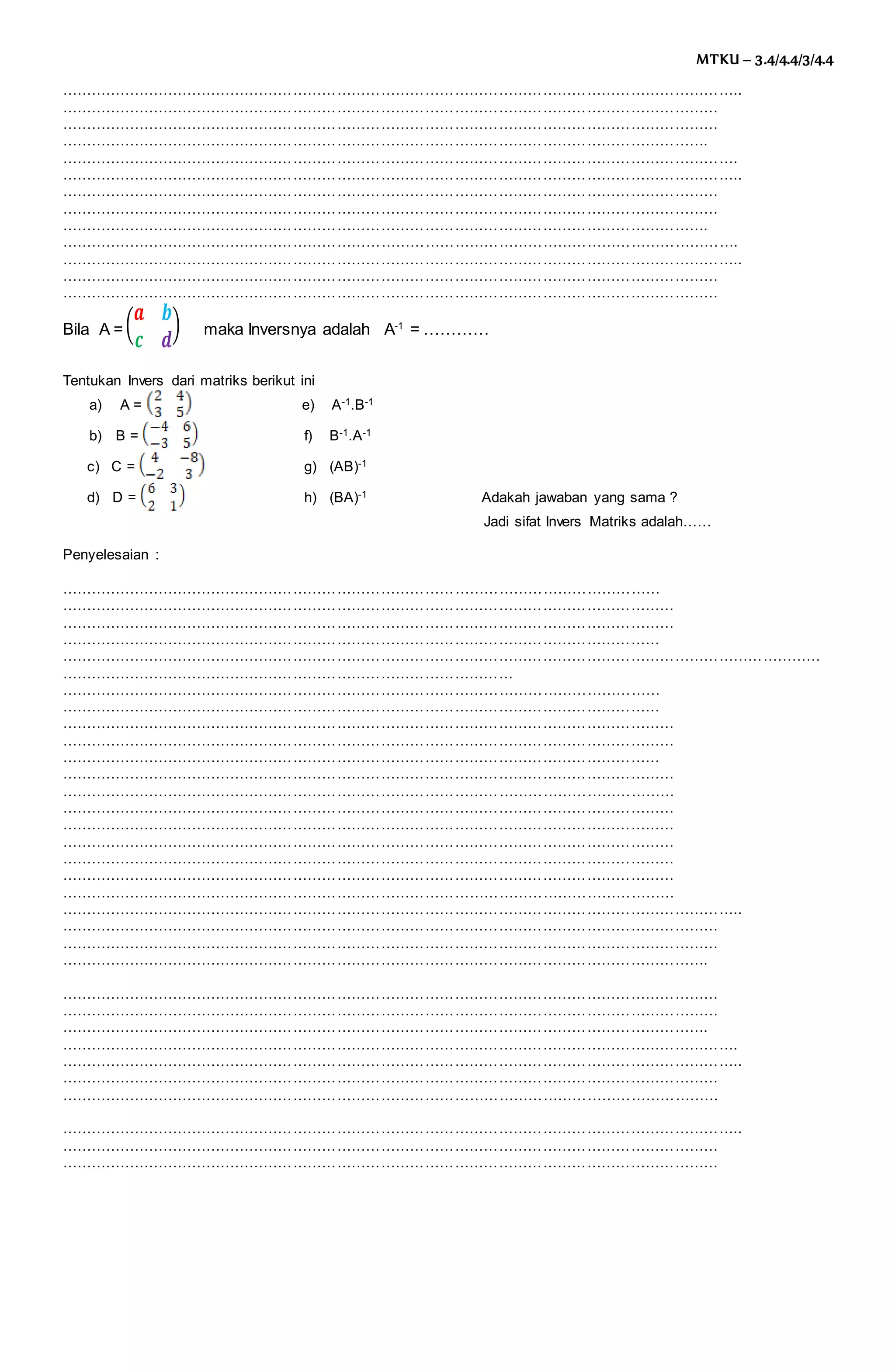 Ukbm kd 3.4 4.4 determinan dan invers matriks | DOC