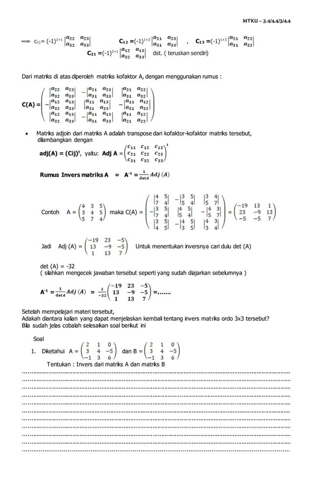 Ukbm kd 3.4 4.4 determinan dan invers matriks | DOC