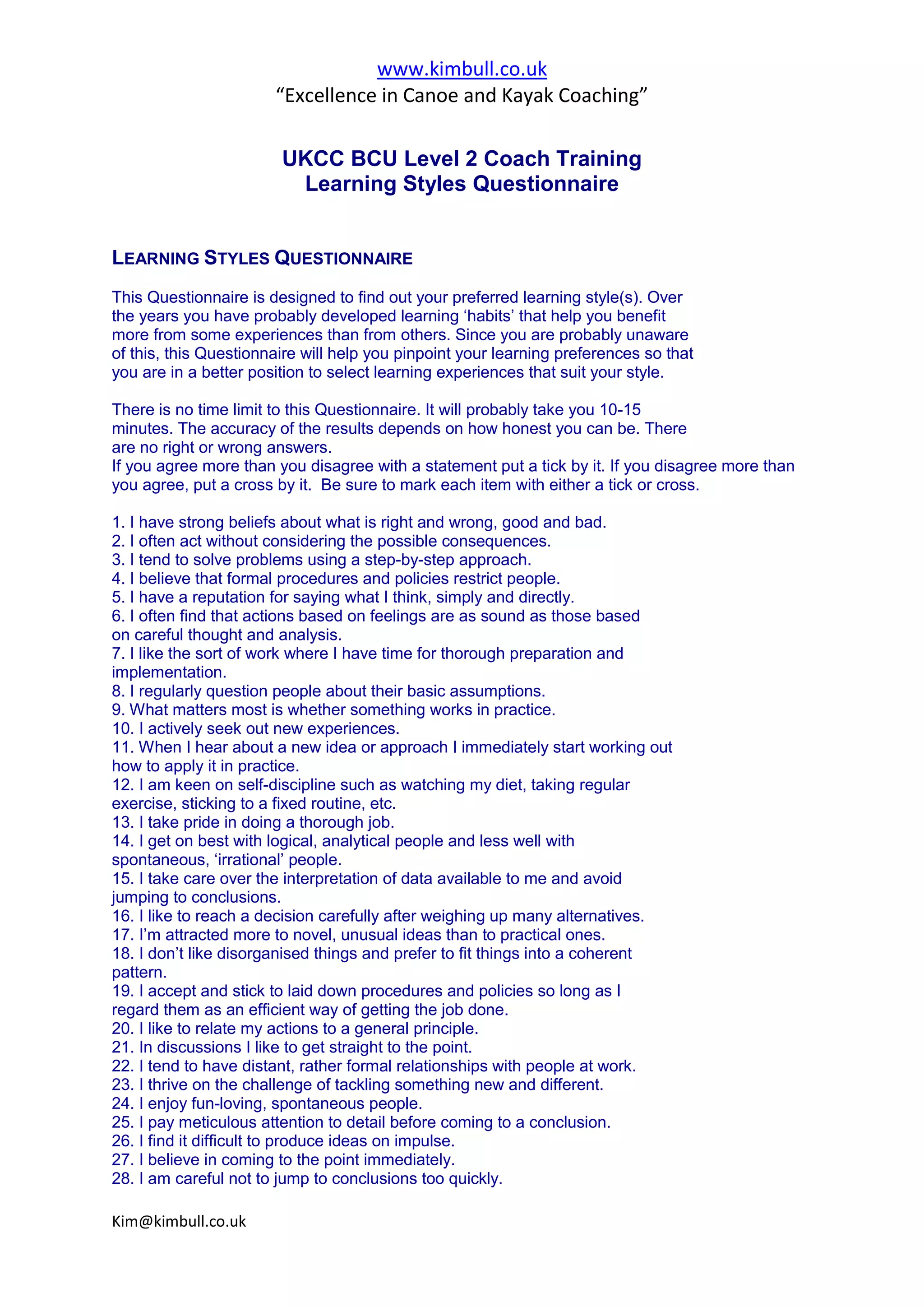 Ukcc bcu level 2 coach training learning styles questionaire | PDF