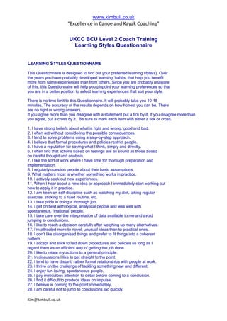 Ukcc bcu level 2 coach training learning styles questionaire | PDF