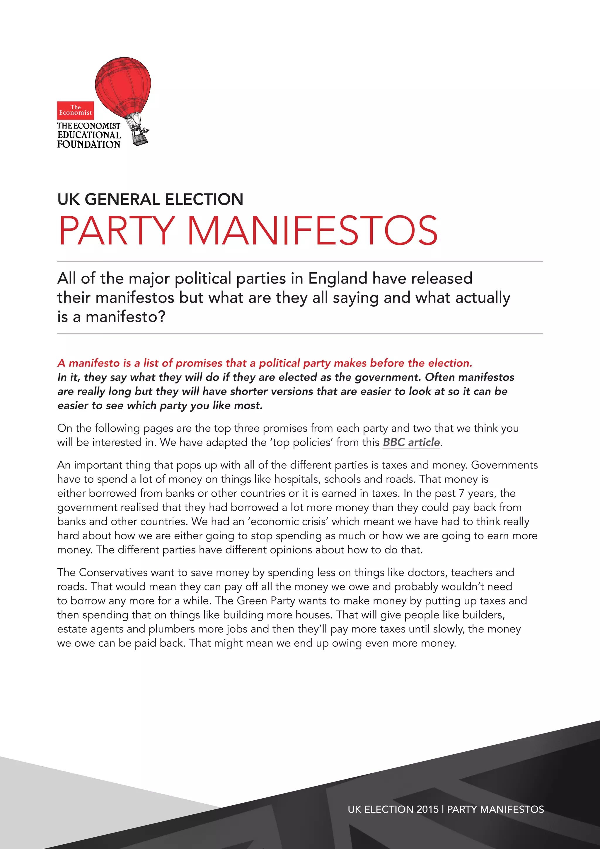 UK Election 2015 - Summarised Manifestos of the Main Parties | PDF