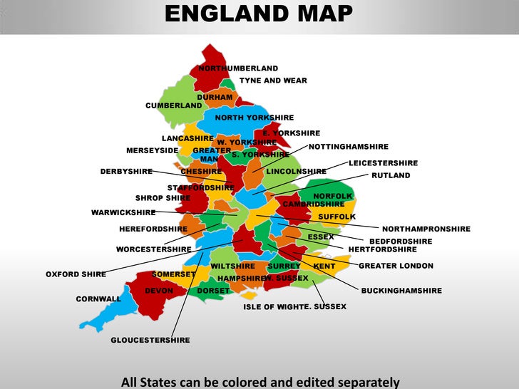 Uk england country editable powerpoint maps with states and counties