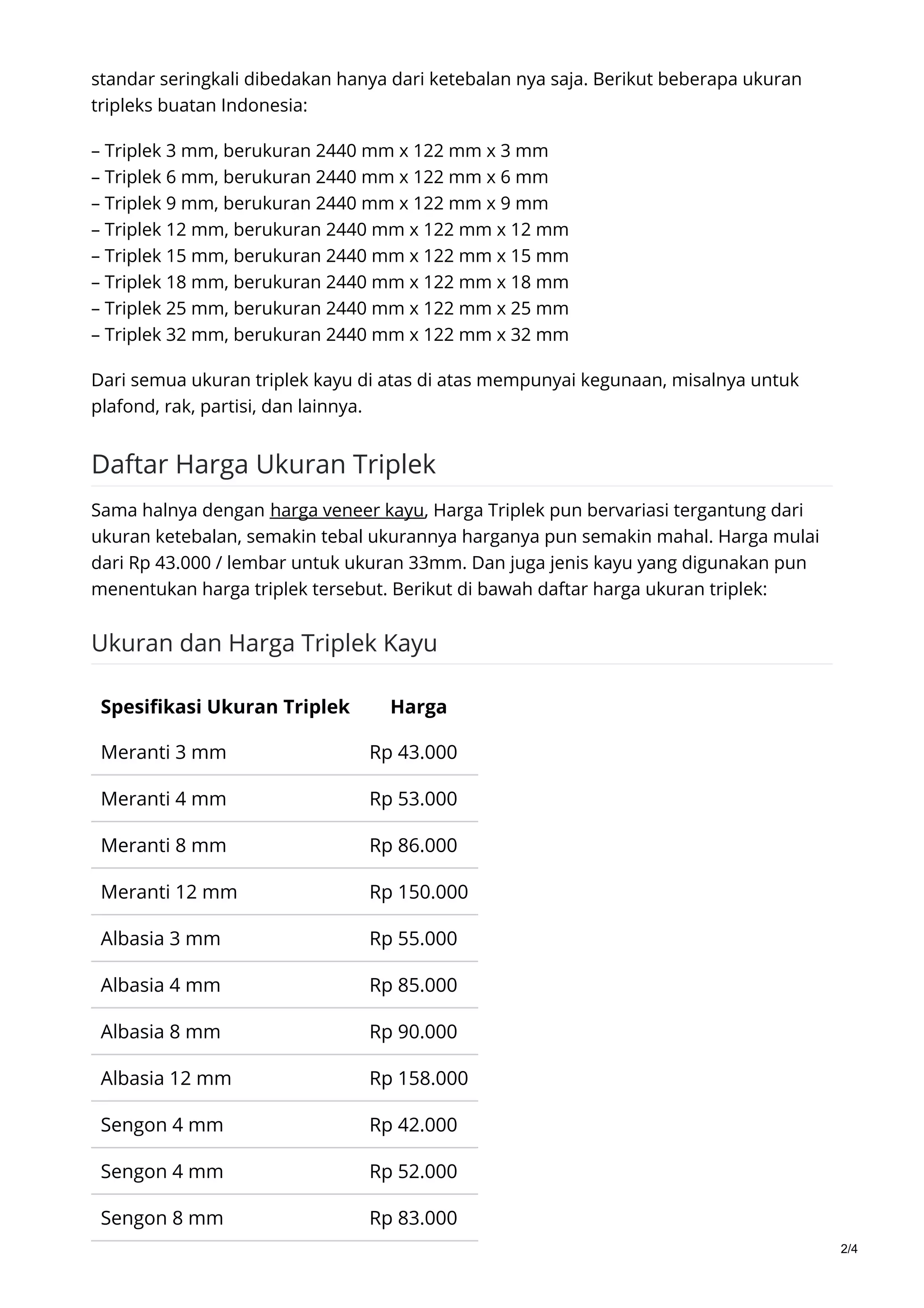Ukuran dan harga triplek | PDF