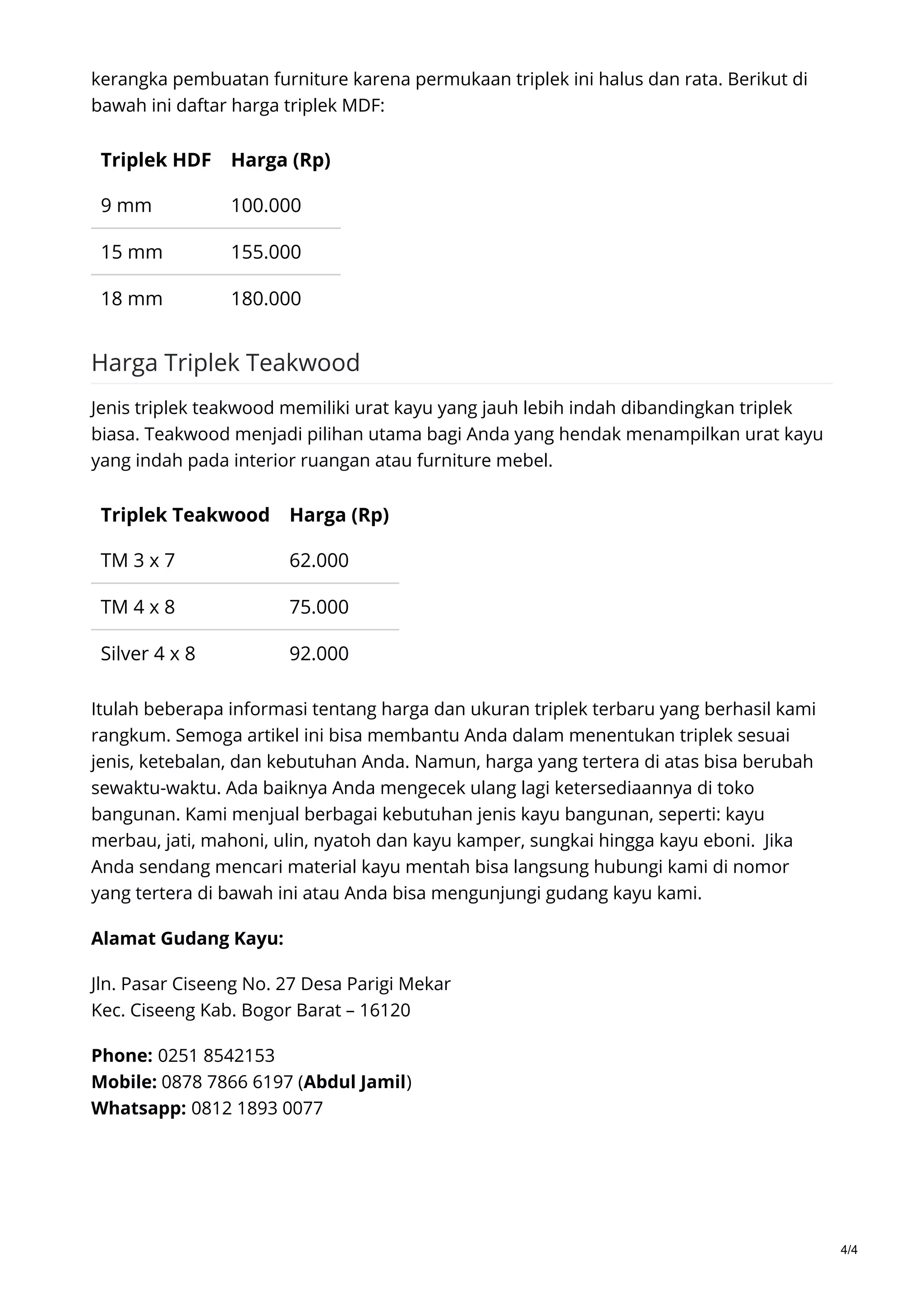 Ukuran dan harga triplek | PDF