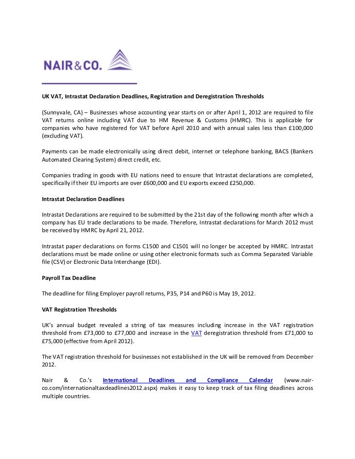 Uk Vat Returns Intrastat Declaration Deadlines