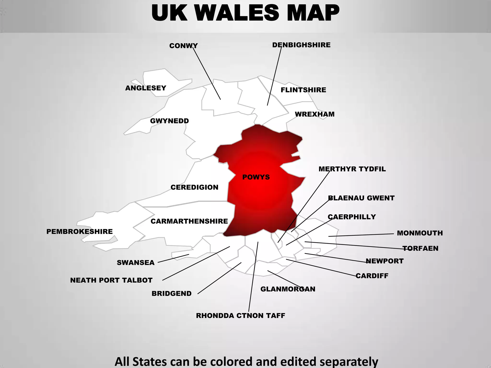 Uk wales country editable powerpoint maps with states and counties | PPTX