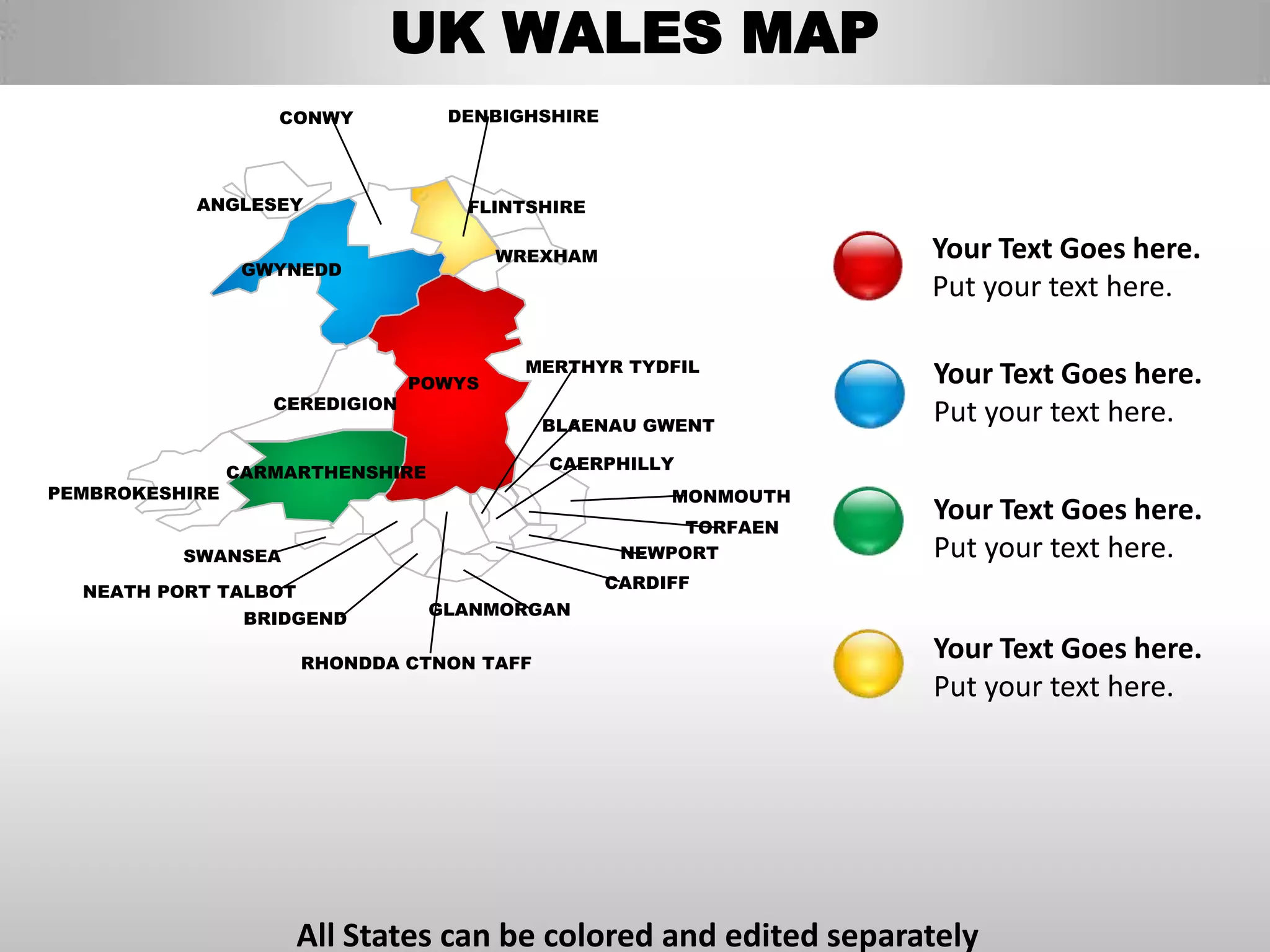 Uk wales country editable powerpoint maps with states and counties | PPTX