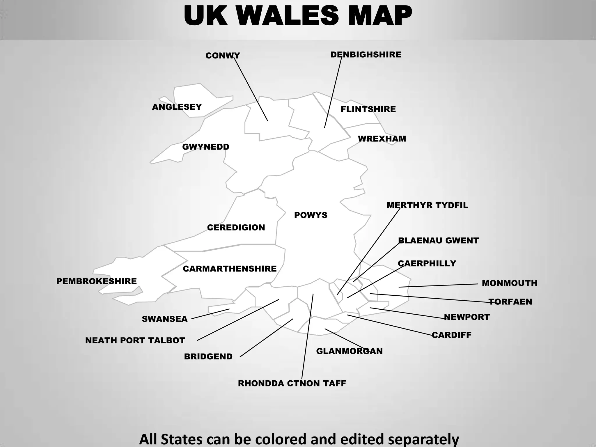 Uk wales country editable powerpoint maps with states and counties | PPTX