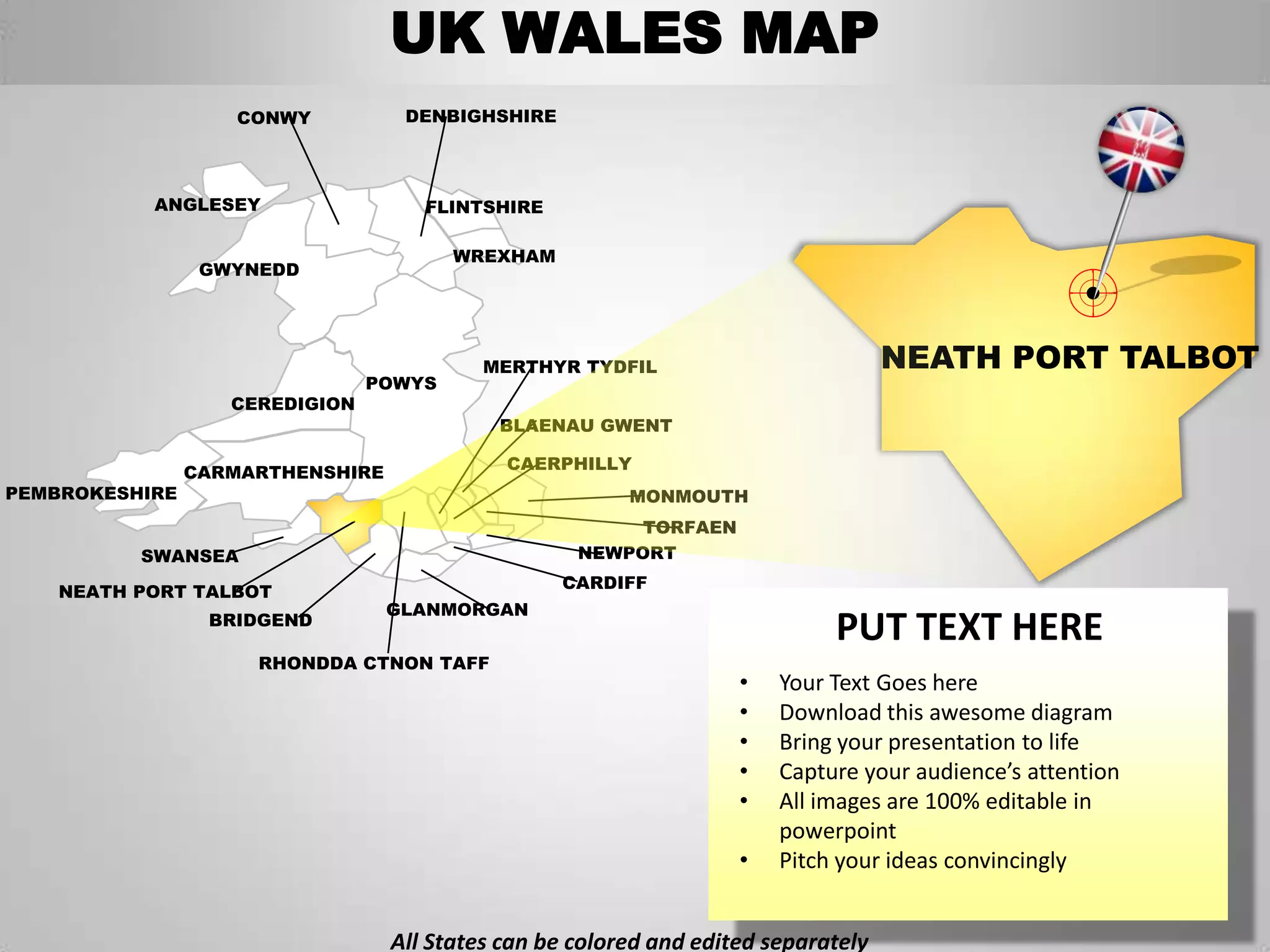 Uk wales country editable powerpoint maps with states and counties | PPTX