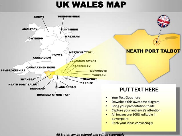 Uk wales country editable powerpoint maps with states and counties | PPT