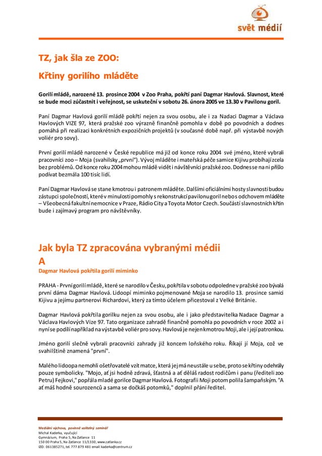 Píšeme tiskovou zprávu - pracovní list, úkázka publicity tiskové zprávy | PDF