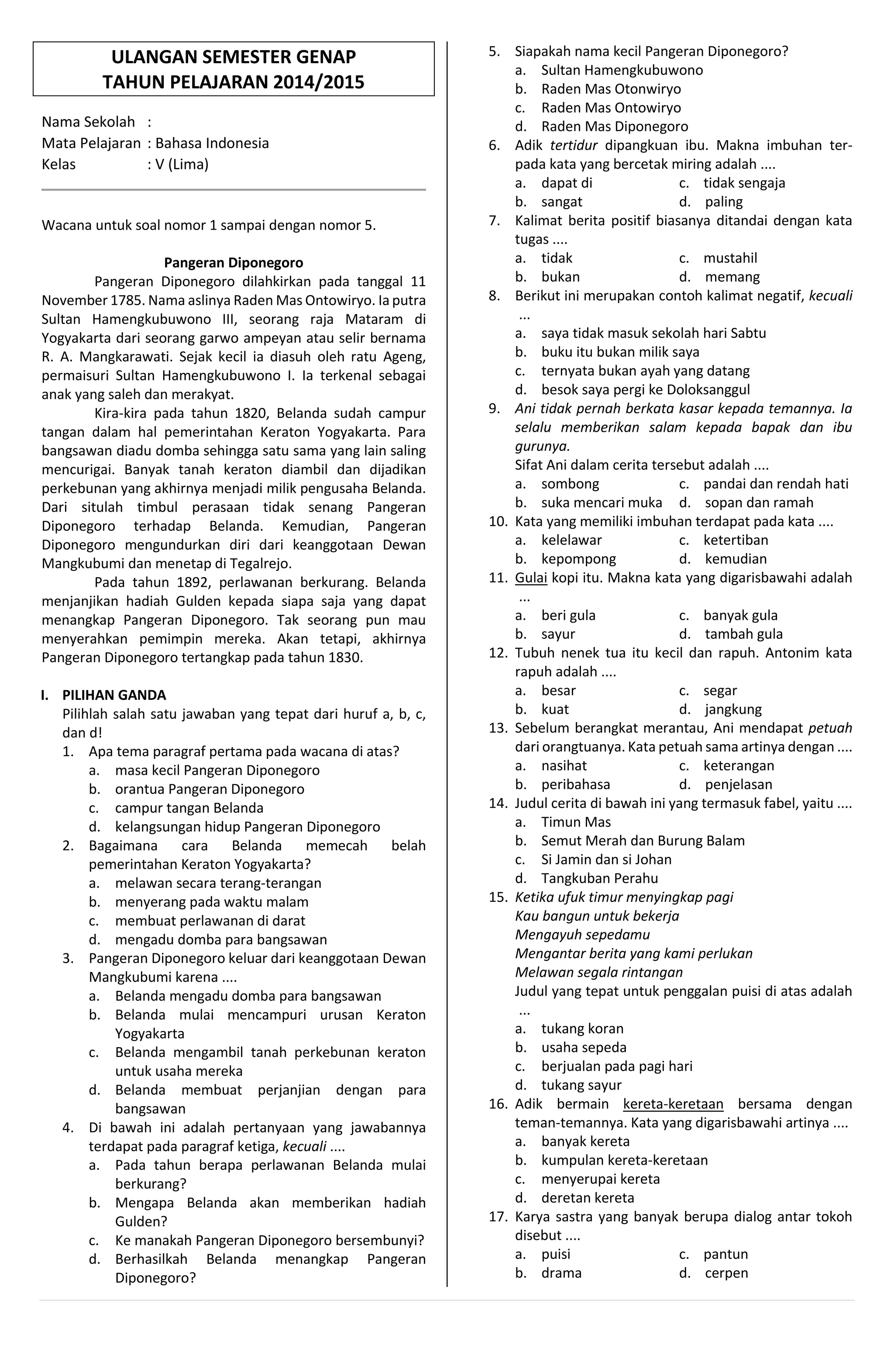 Ulangan bahasa indonesia kelas 5 semester 2 www.mautidakmauharusmau.blogspot.com