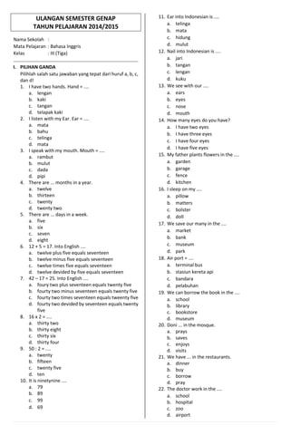 Ulangan Bahasa Inggris kelas 3 semester 2-www.mautidakmauharusmau.blogspot.com