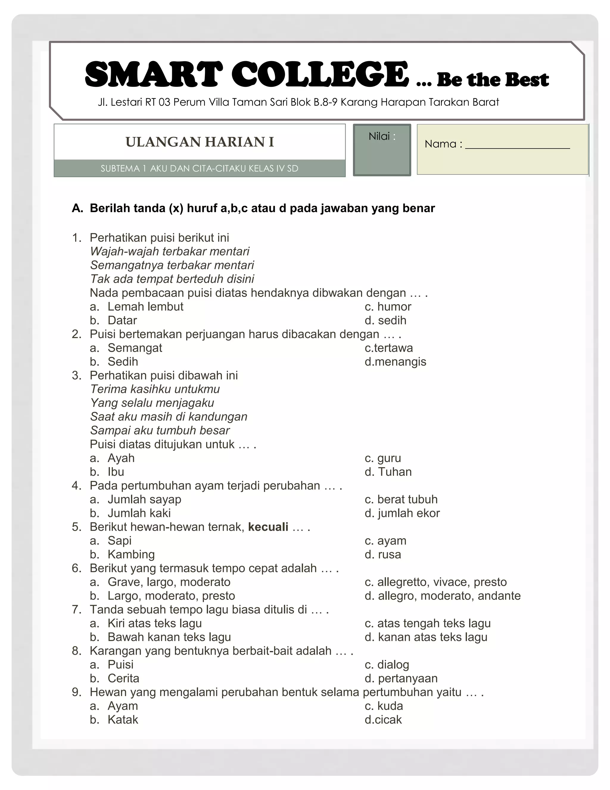 Ulangan harian 1 tema 6 subtema 1 kelas 4 | PDF