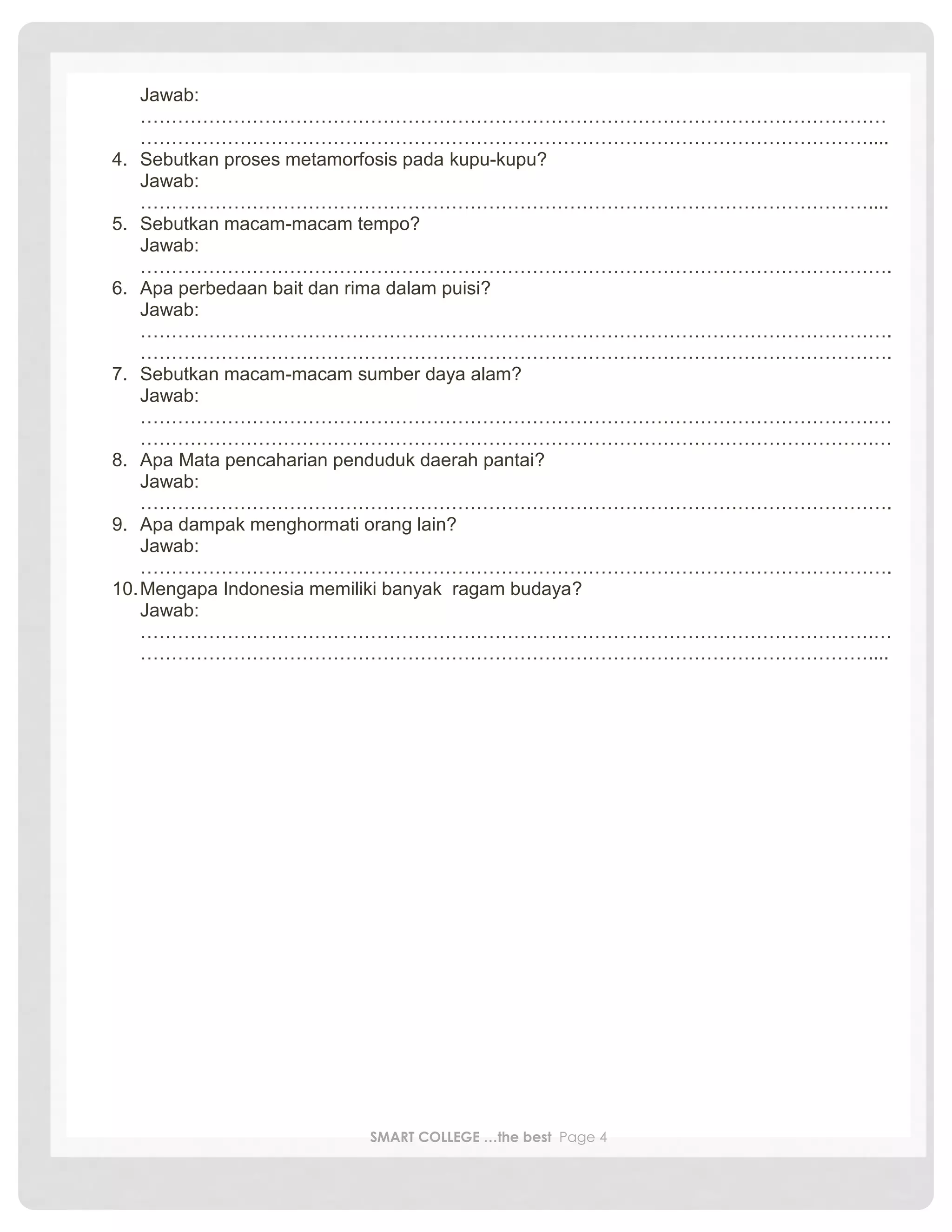 Ulangan harian 1 tema 6 subtema 1 kelas 4 | PDF