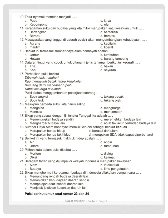 Ulangan harian 1 tema 6 subtema 1 kelas 4 | PDF