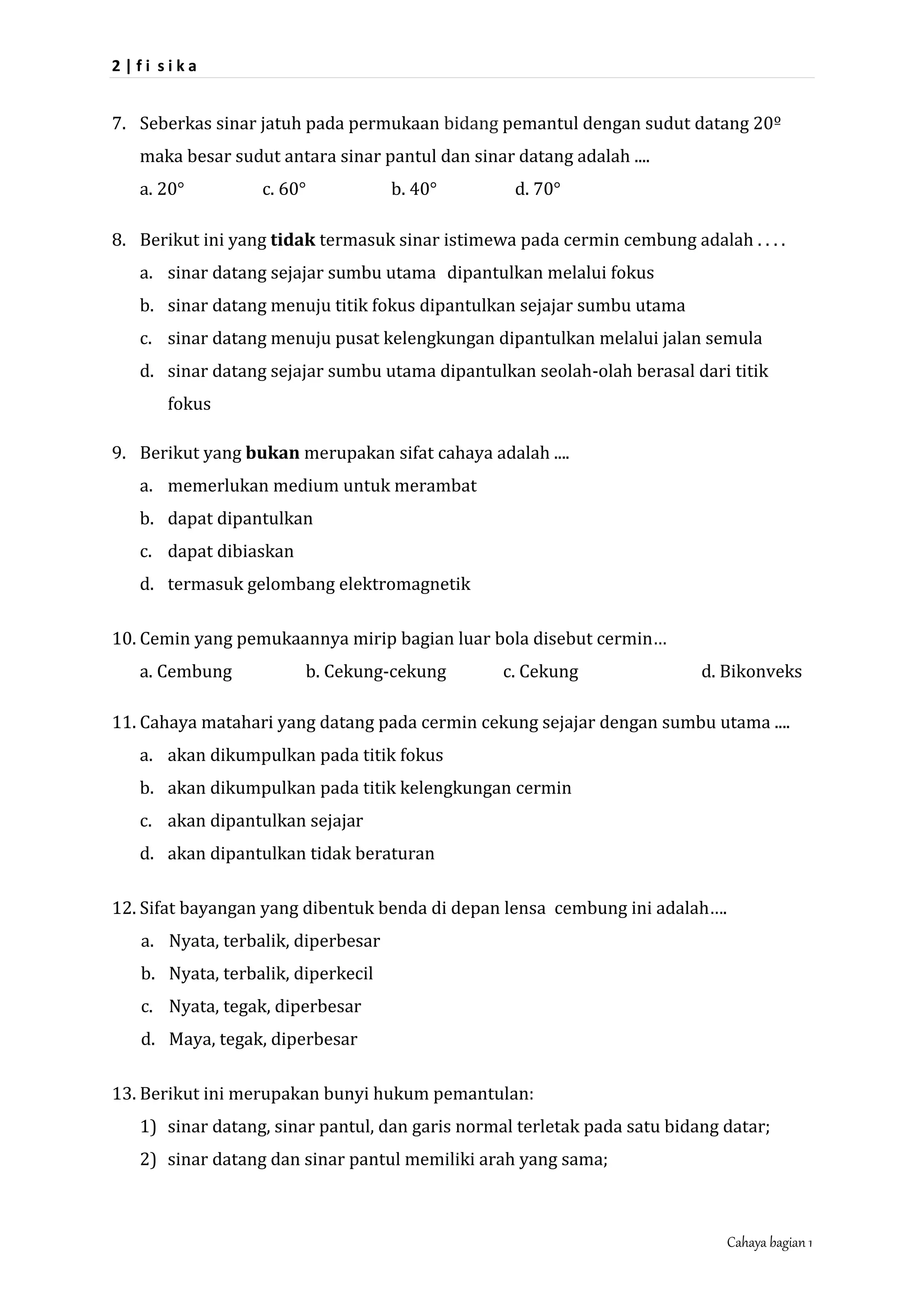 Ulangan harian cahaya part 1 jnis 4 | PDF