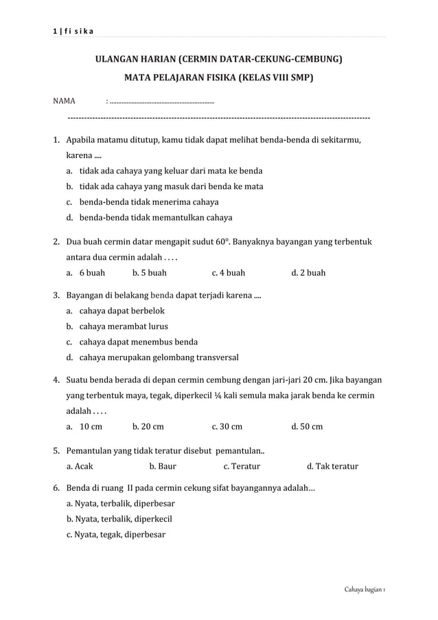 Ulangan harian cahaya part 1 jnis 4 | PDF