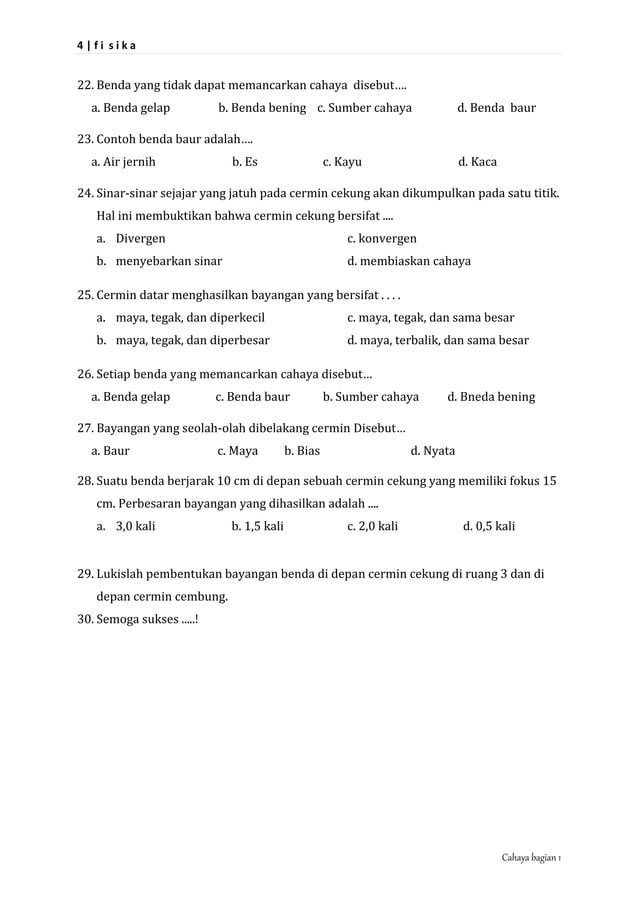 Ulangan harian cahaya part 1 jnis 4 | PDF