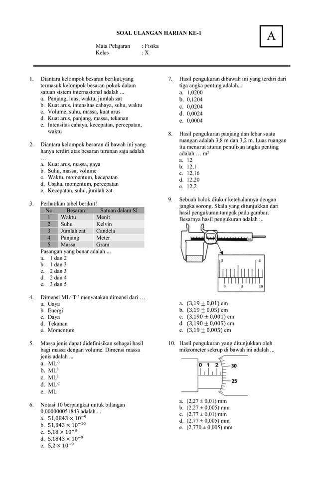 Ulangan harian kelas 10 pengukuran kode A | PDF