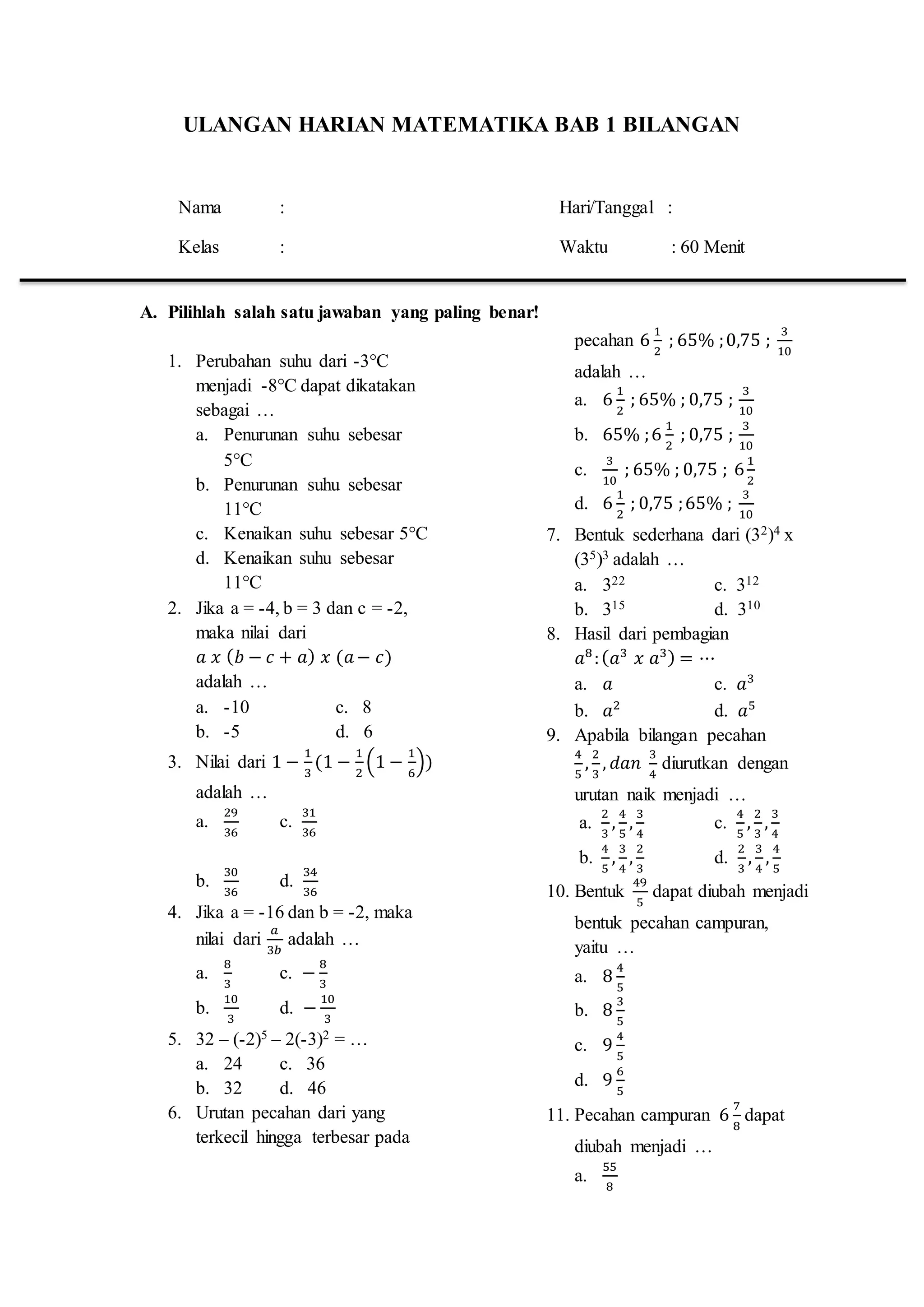 Ulangan harian matematika bab 1 pola bilangan | DOCX