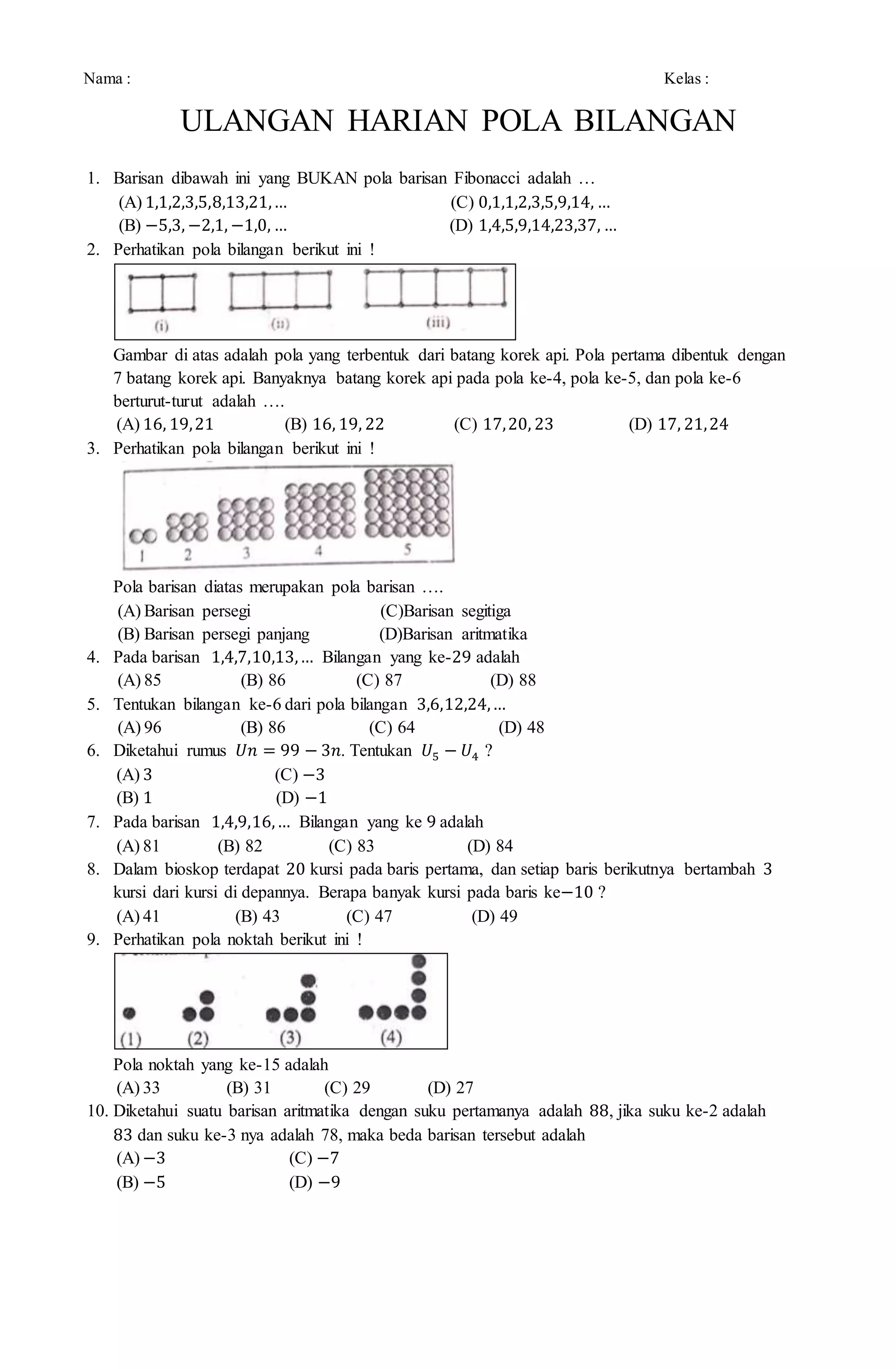 Ulangan harian pola bilangan | DOCX