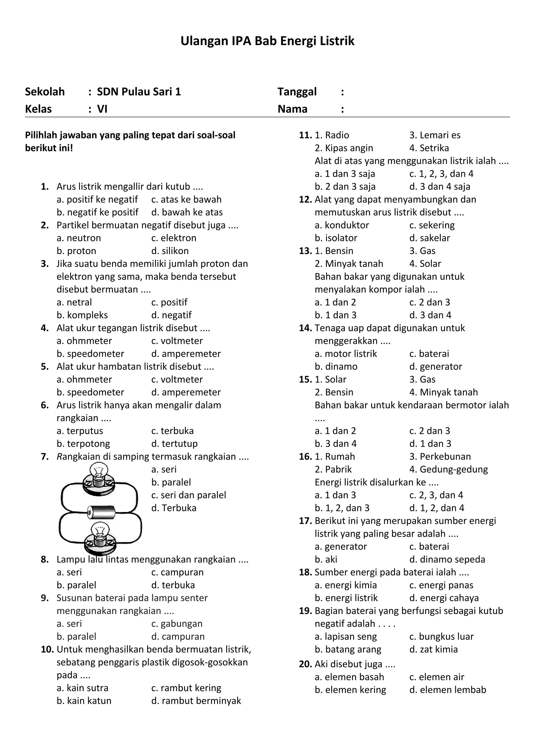Ulangan IPA Kelas VI Energi Listrik | PDF