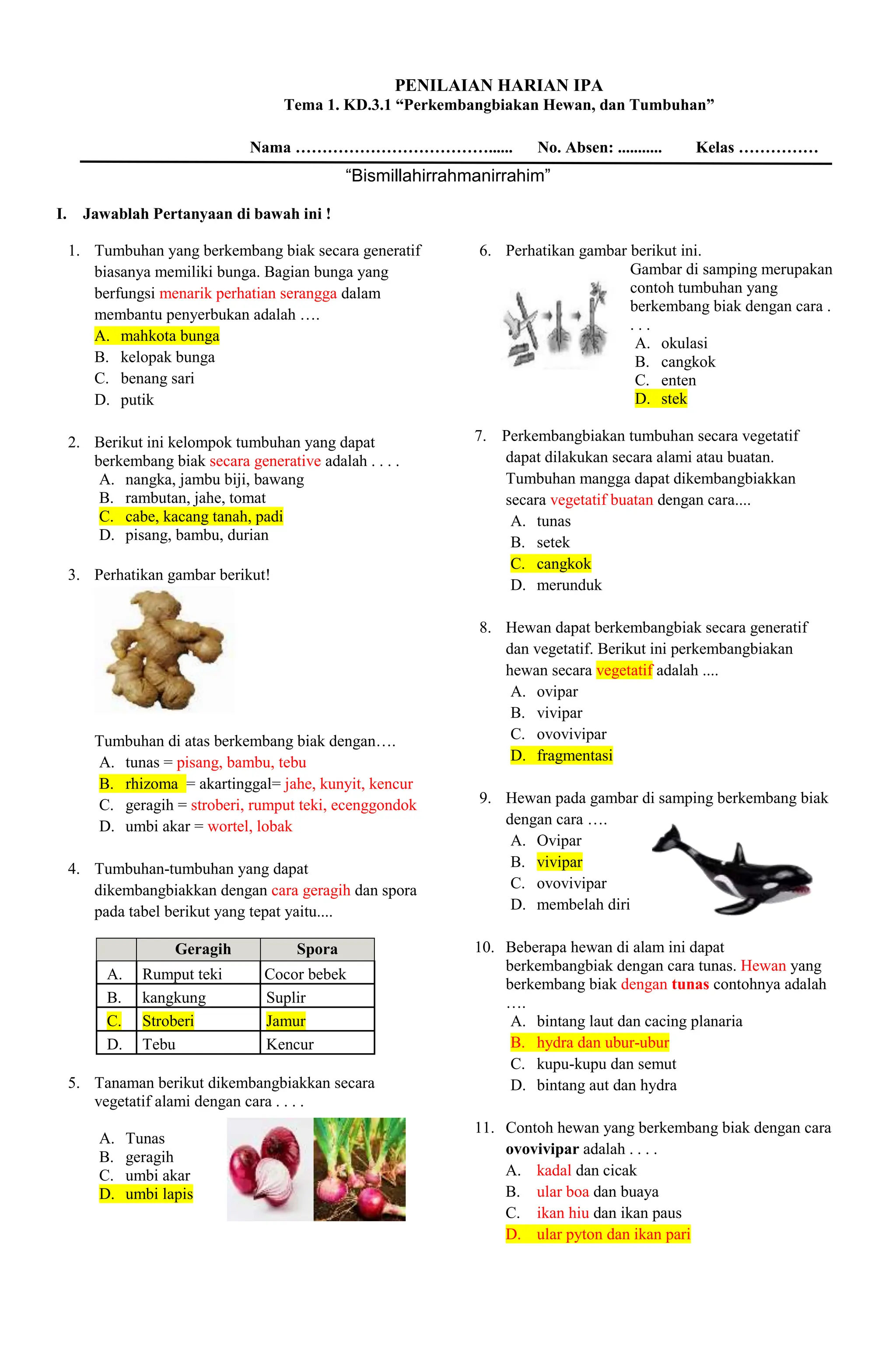 Ulangan IPA Kelas VI Perkembangbiakan Makhluk Hidup Tema 1.docx