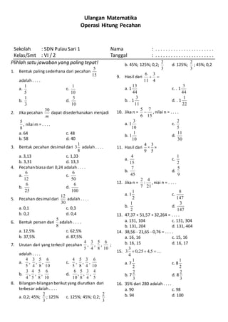 Ulangan Matematika Kelas VI - Pecahan | DOCX