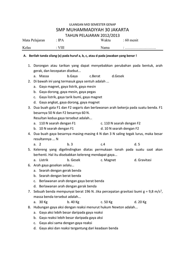 Ulangan mid genap kelas 8 fisika | PDF