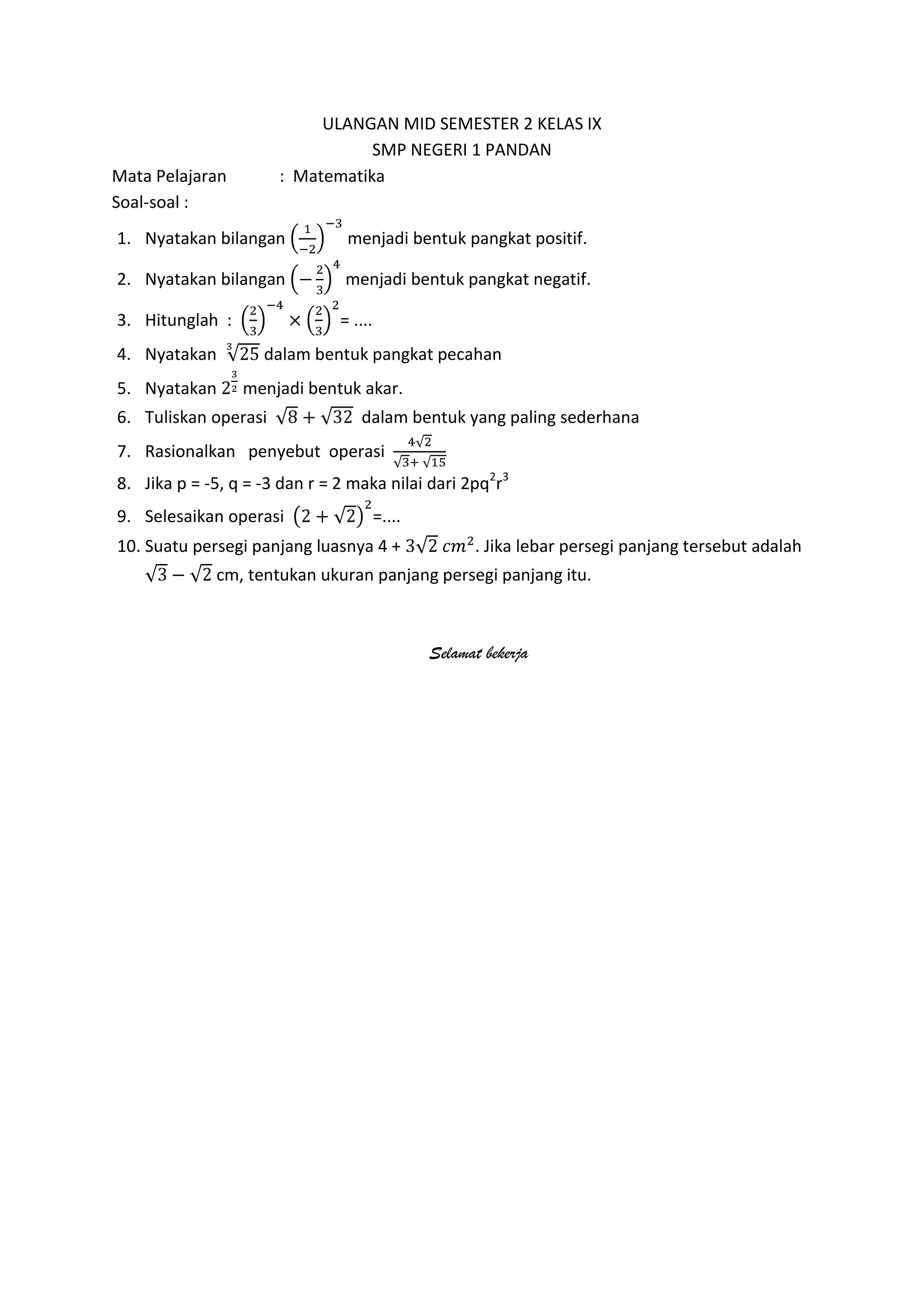 Ulangan mid semester 2 kelas ix | DOCX