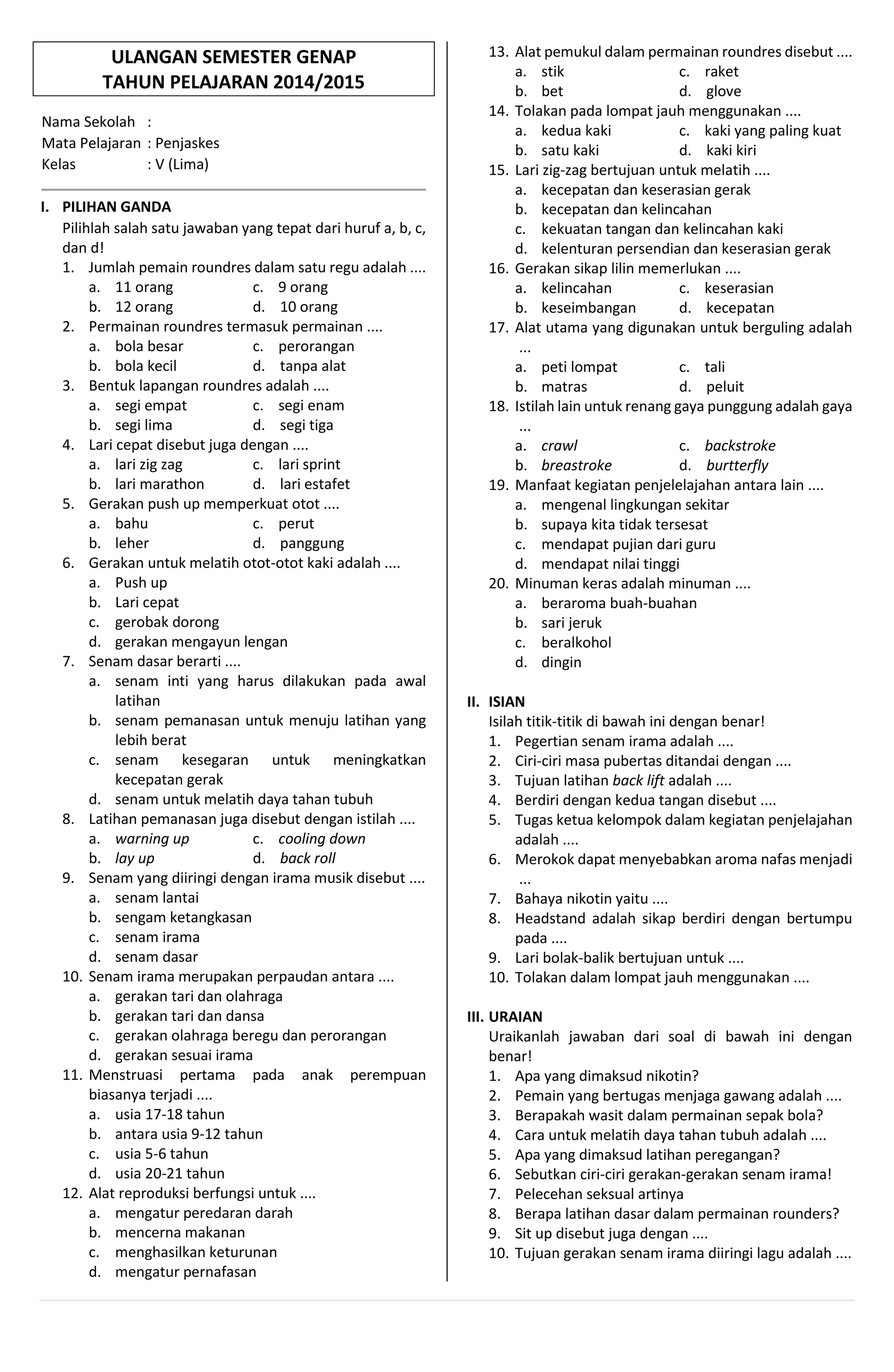 Ulangan penjas kelas 5 semester 2 www.mautidakmauharusmau.blogspot.com