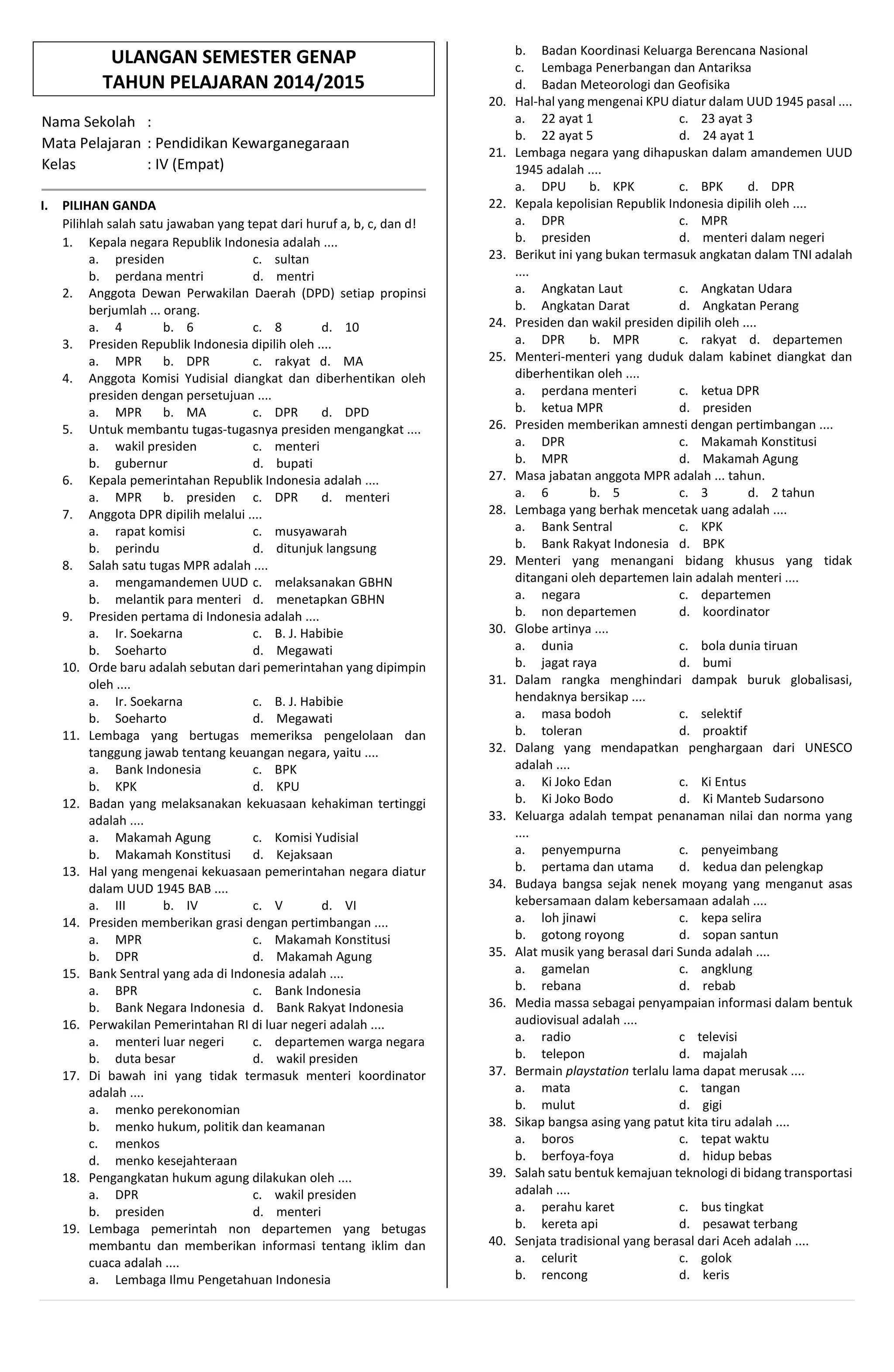 Ulangan pkn kelas 4 semester 2 www.mautidakmauharusmau.blogspot.com