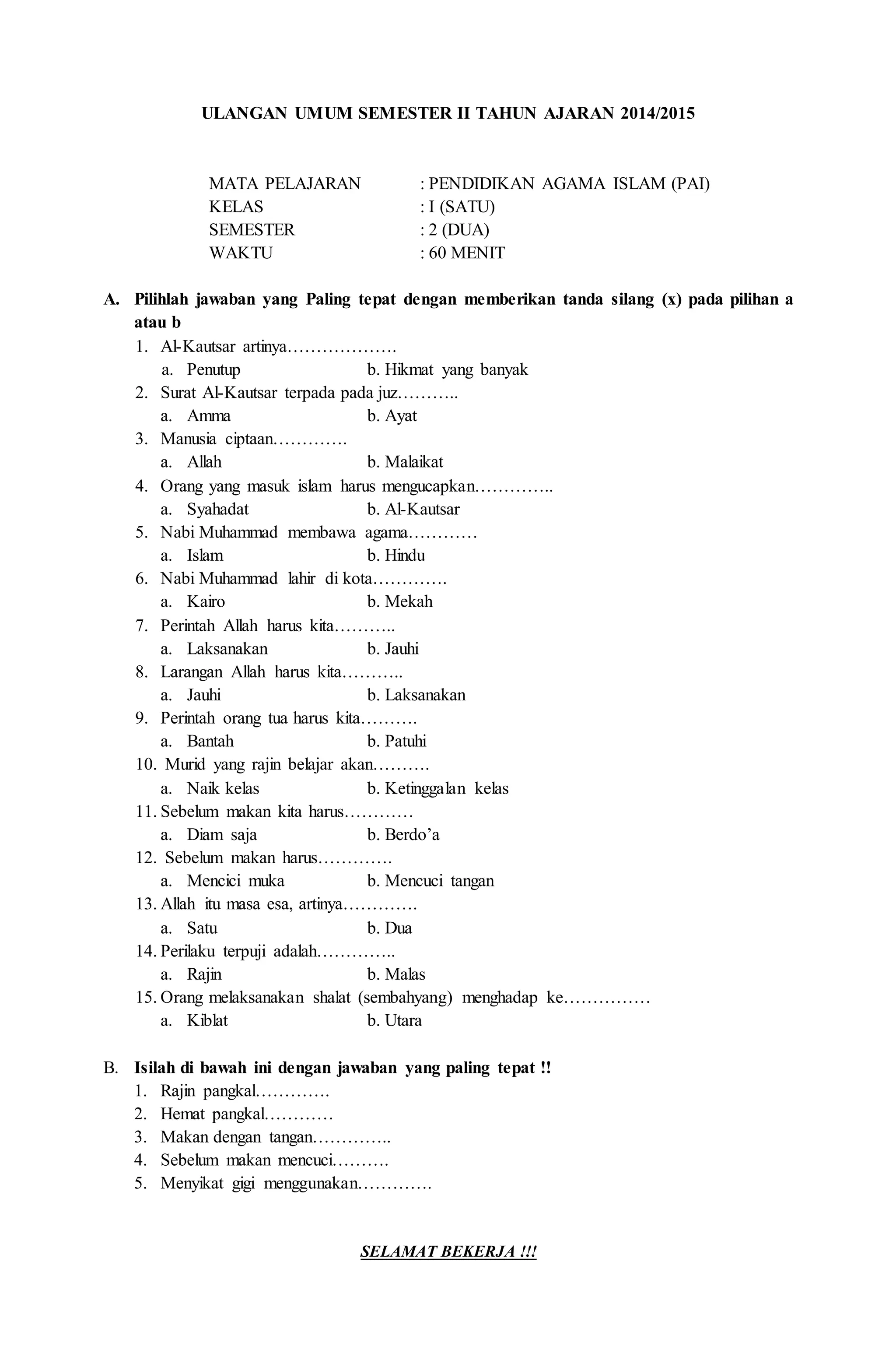Ulangan umum semester ii tahun ajaran 2014 sd | PDF